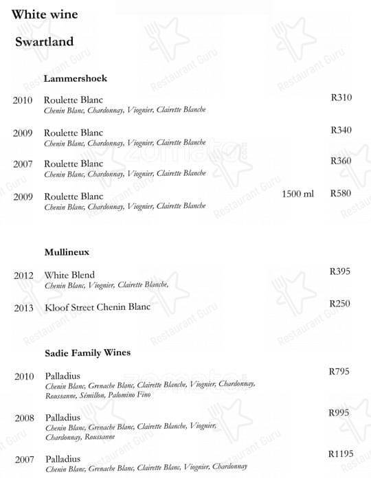 Menu at The Roundhouse and The Rumbullion restaurant, Cape Town
