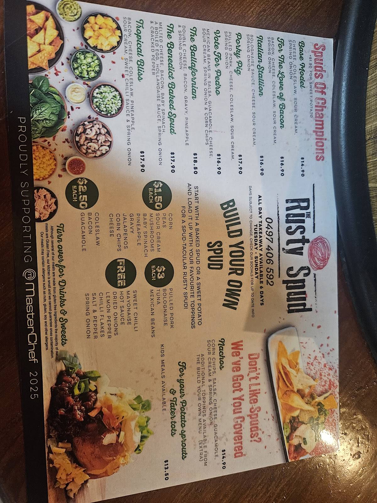 Menu at The Rusty Spud restaurant, Ballarat Central