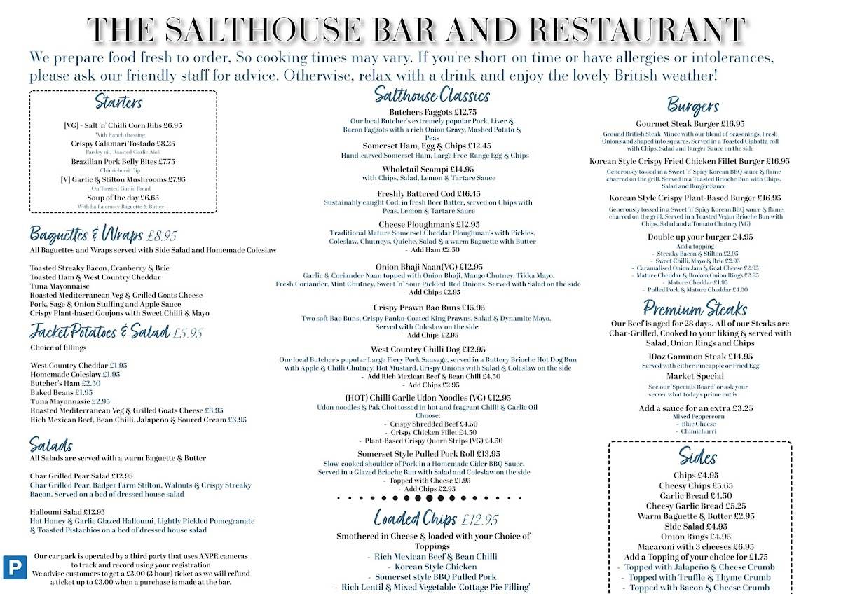 Menu at The Salthouse Bar and Restaurant, Clevedon, Clevedon
