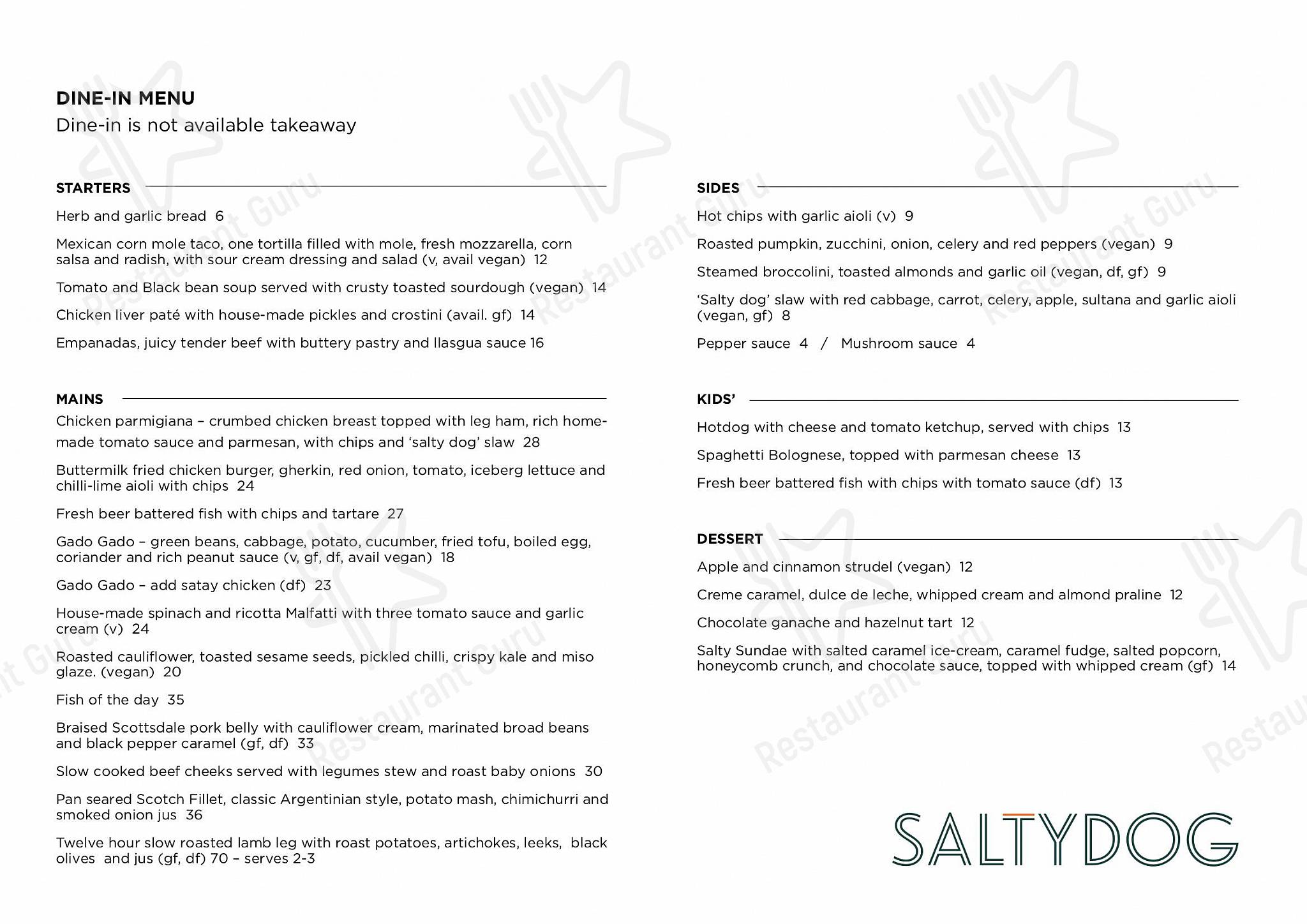 Menu at The Salty Dog Hotel pub & bar, Kingston Beach