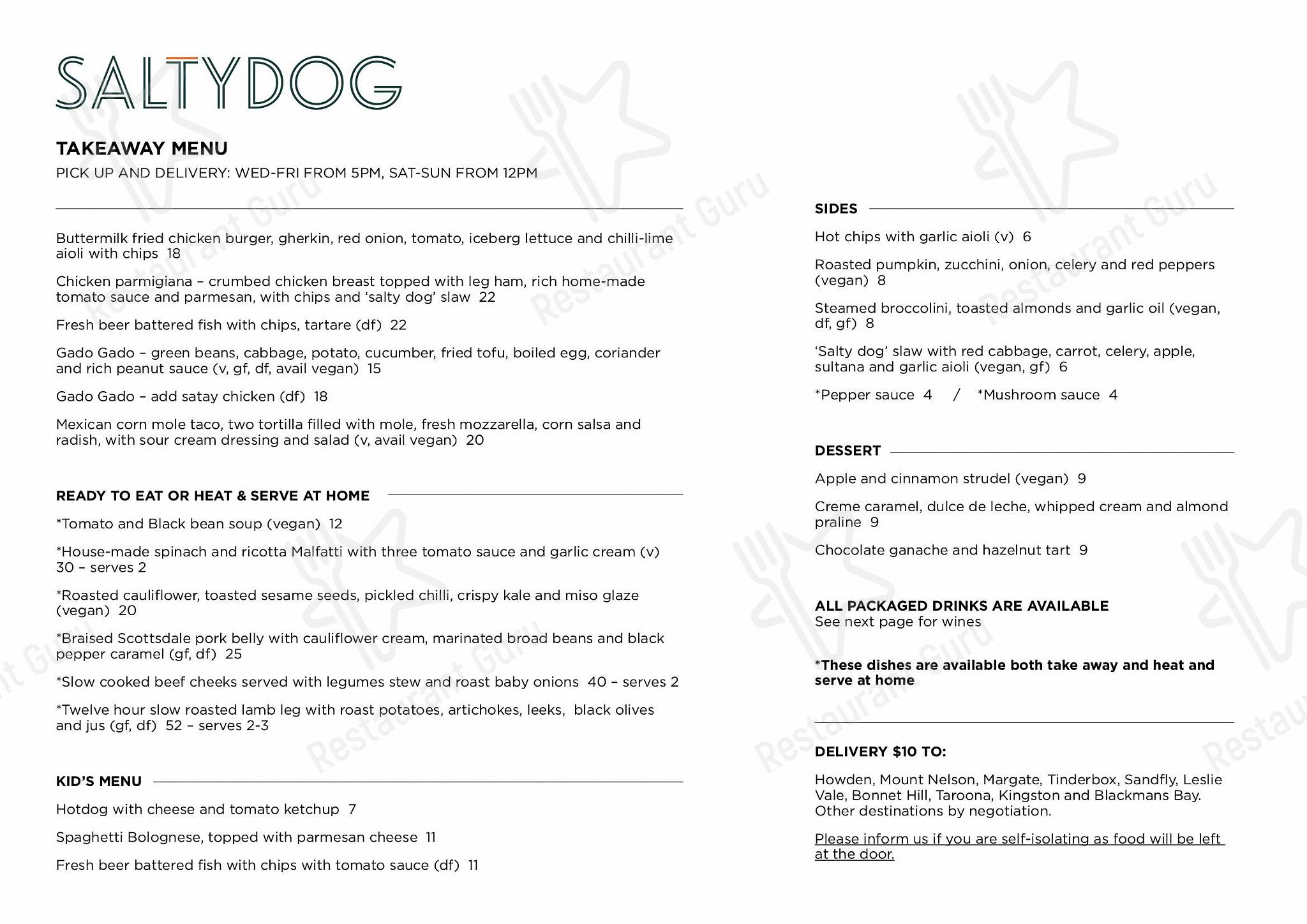 Menu at The Salty Dog Hotel pub & bar, Kingston Beach