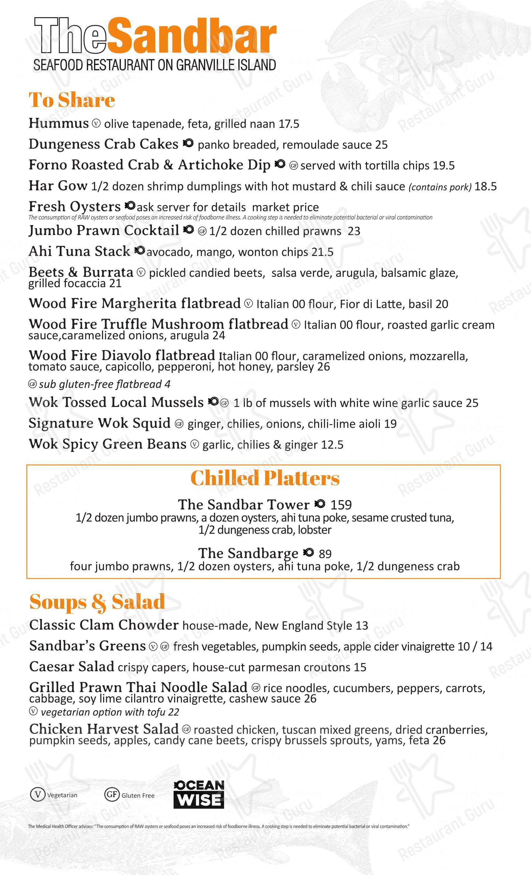 Menu at The Sandbar Seafood Restaurant, Vancouver