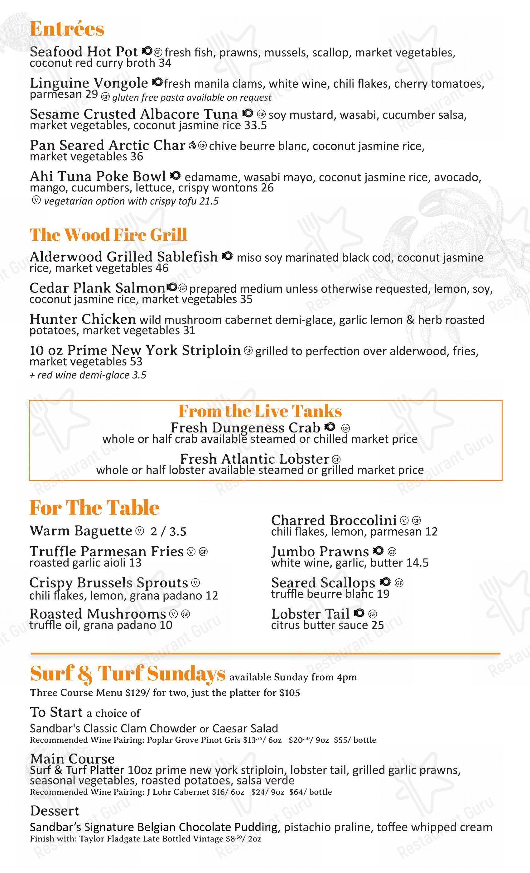 Menu at The Sandbar Seafood Restaurant, Vancouver