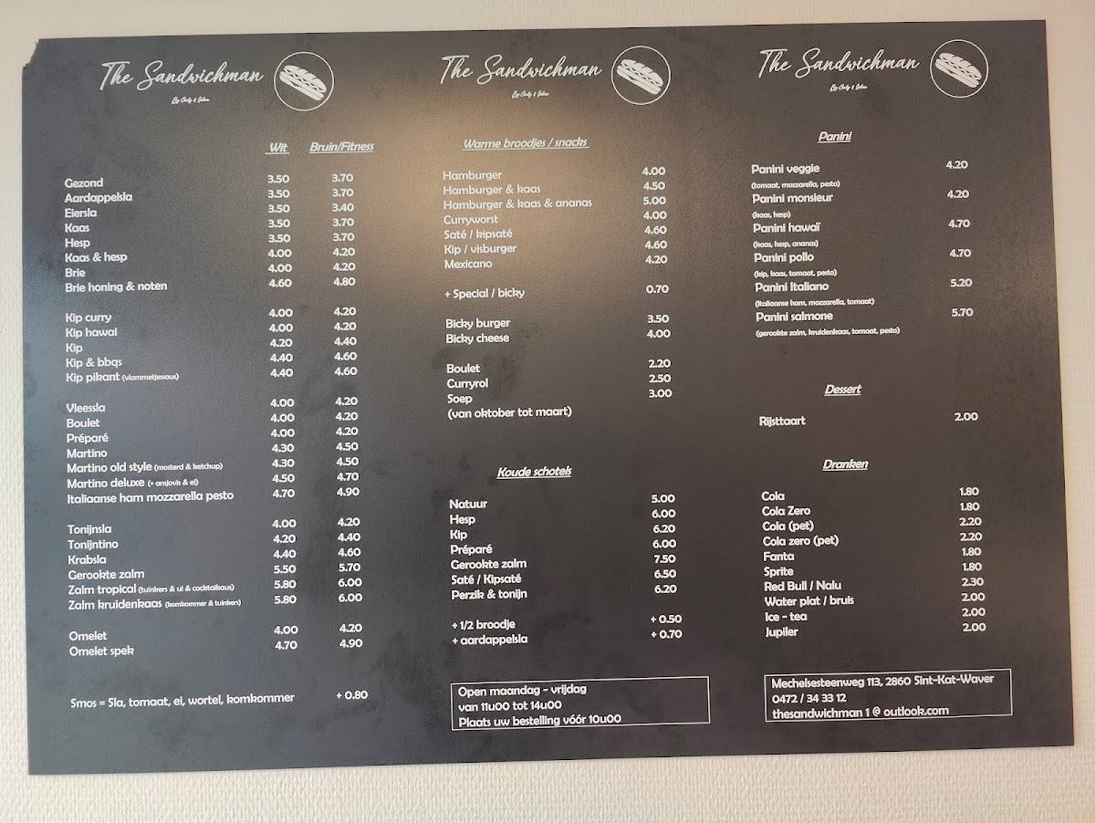 Menu at The Sandwichman, Sint-Katelijne-Waver
