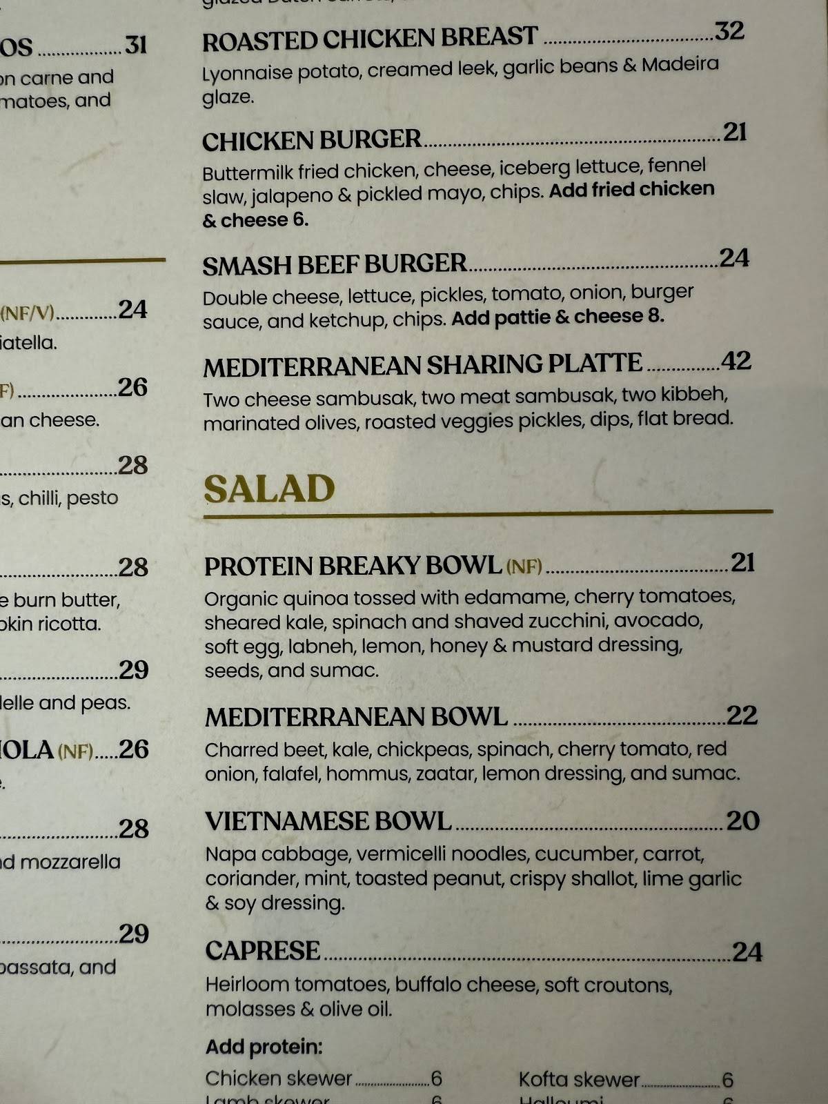 Menu at The Sawmill restaurant, West Pymble