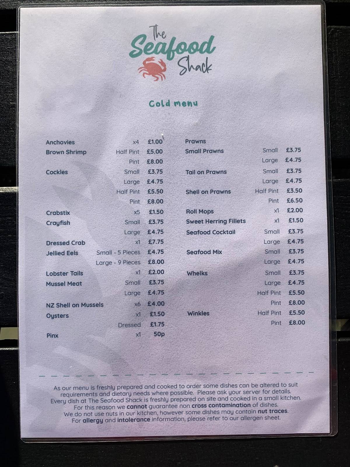 Menu at The Seafood Shack restaurant, Southend-on-Sea, 32-35 Eastern ...