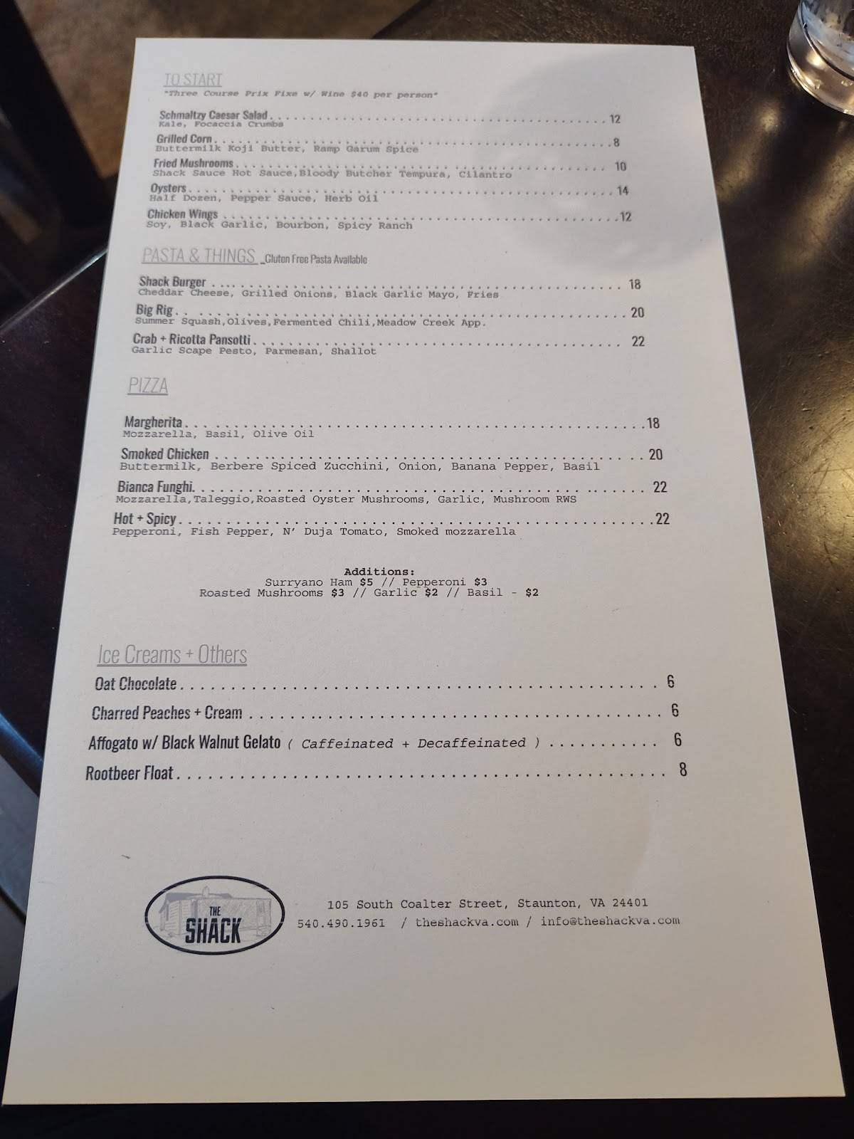 Menu at The Shack restaurant, Staunton