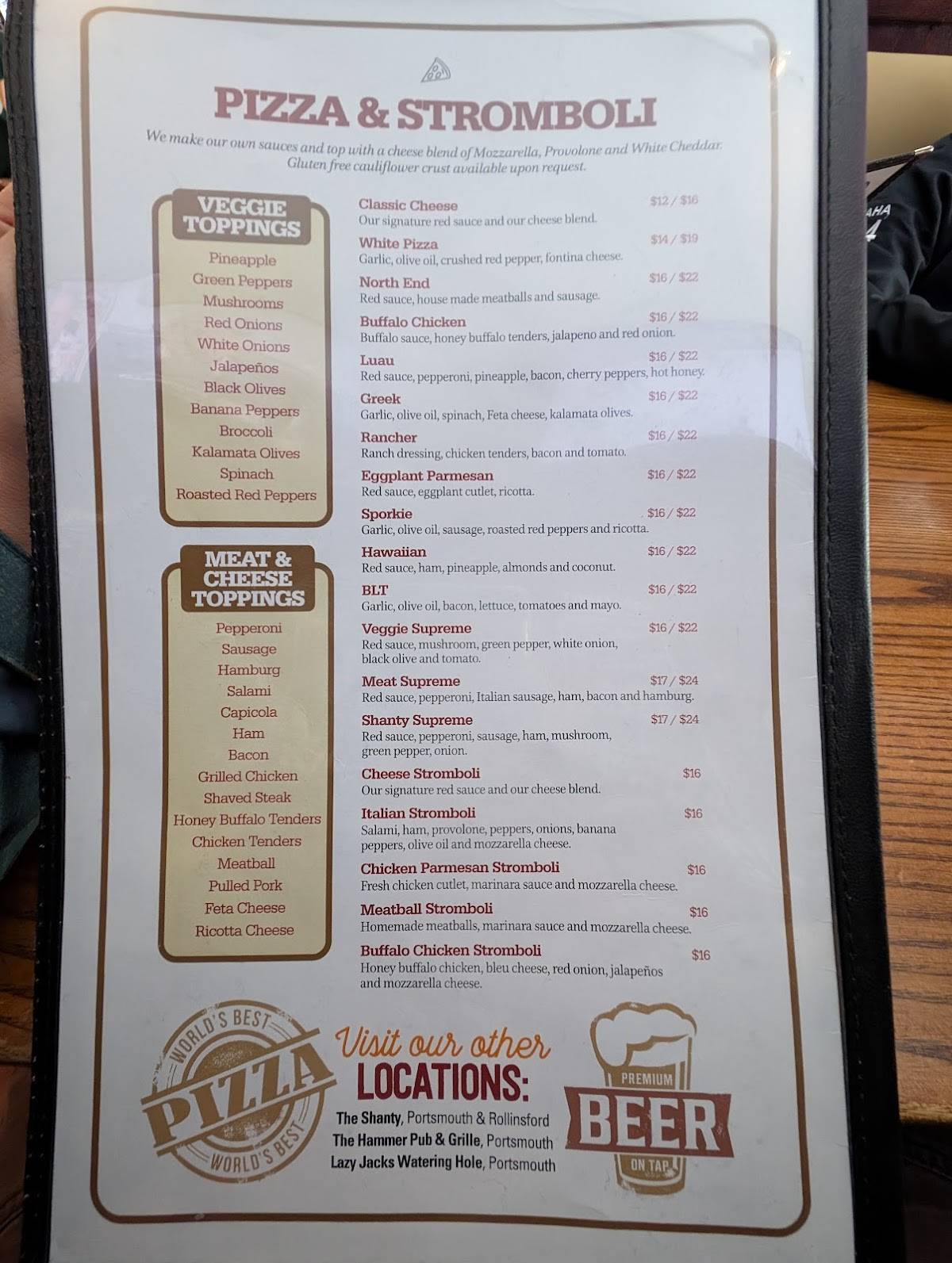 Menu at The Shanty Dover/Rollinsford pizzeria, Rollinsford