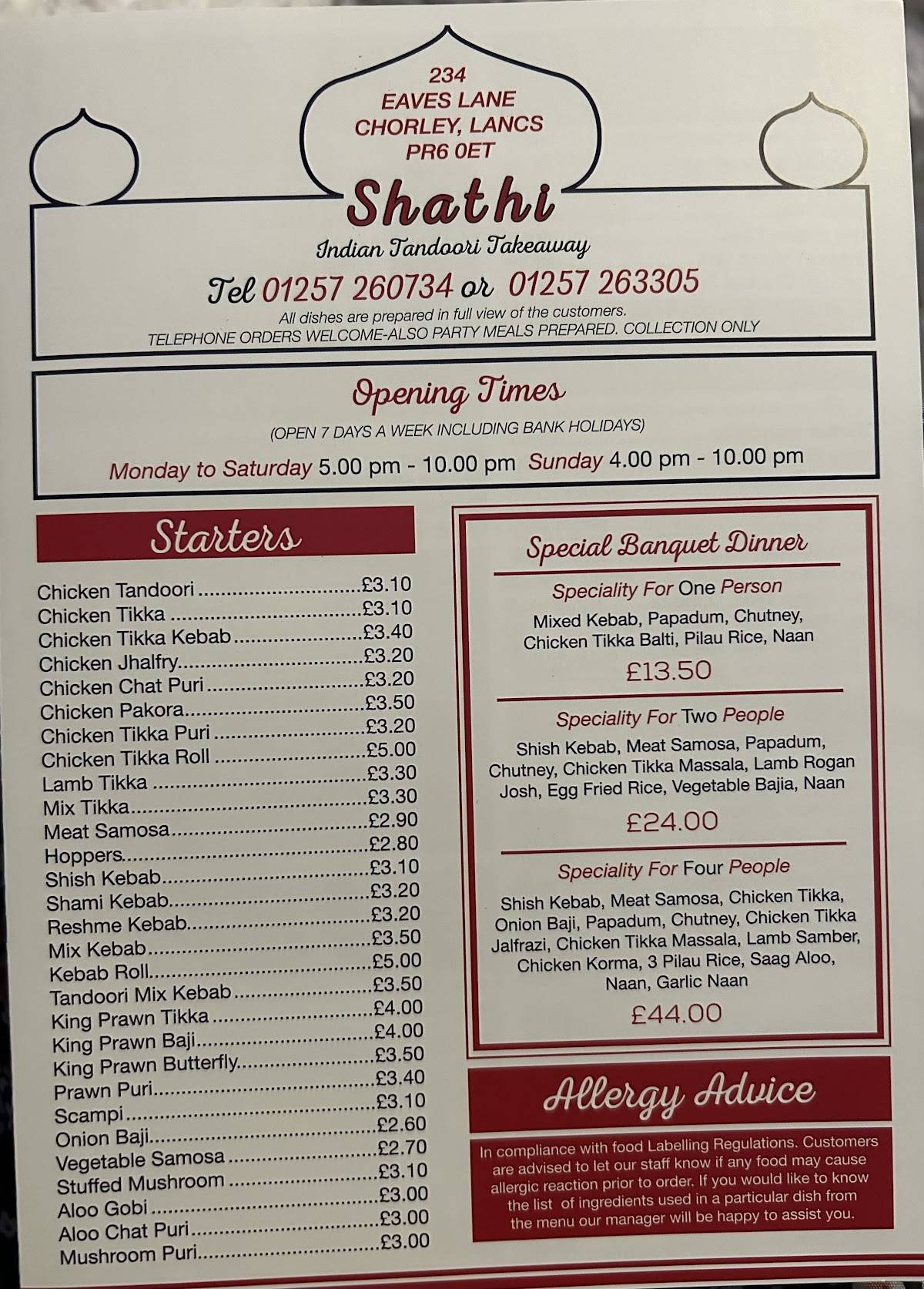 Menu at The Shathi restaurant, Chorley