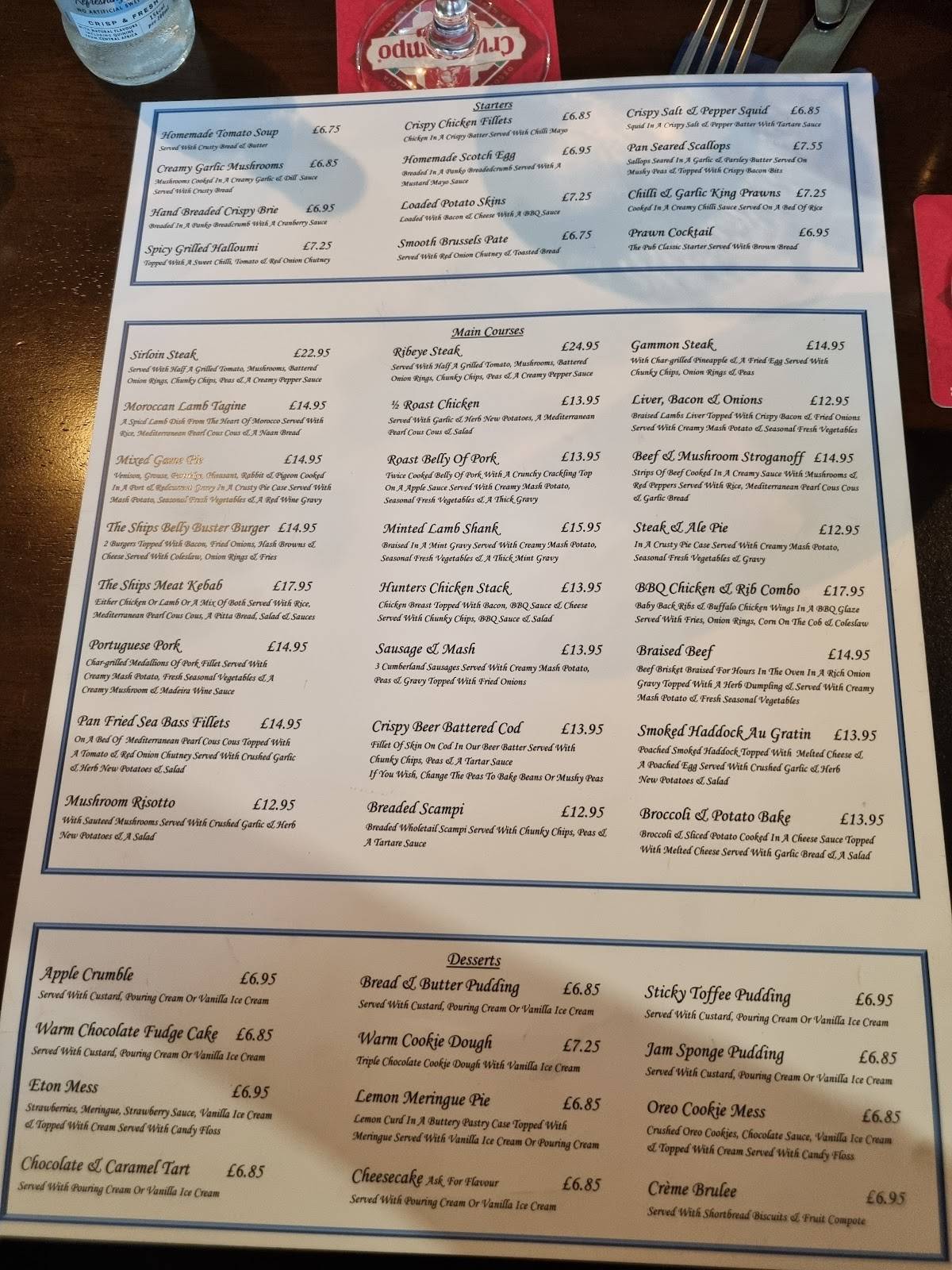 Menu at The Ship pub & bar, Tilbury