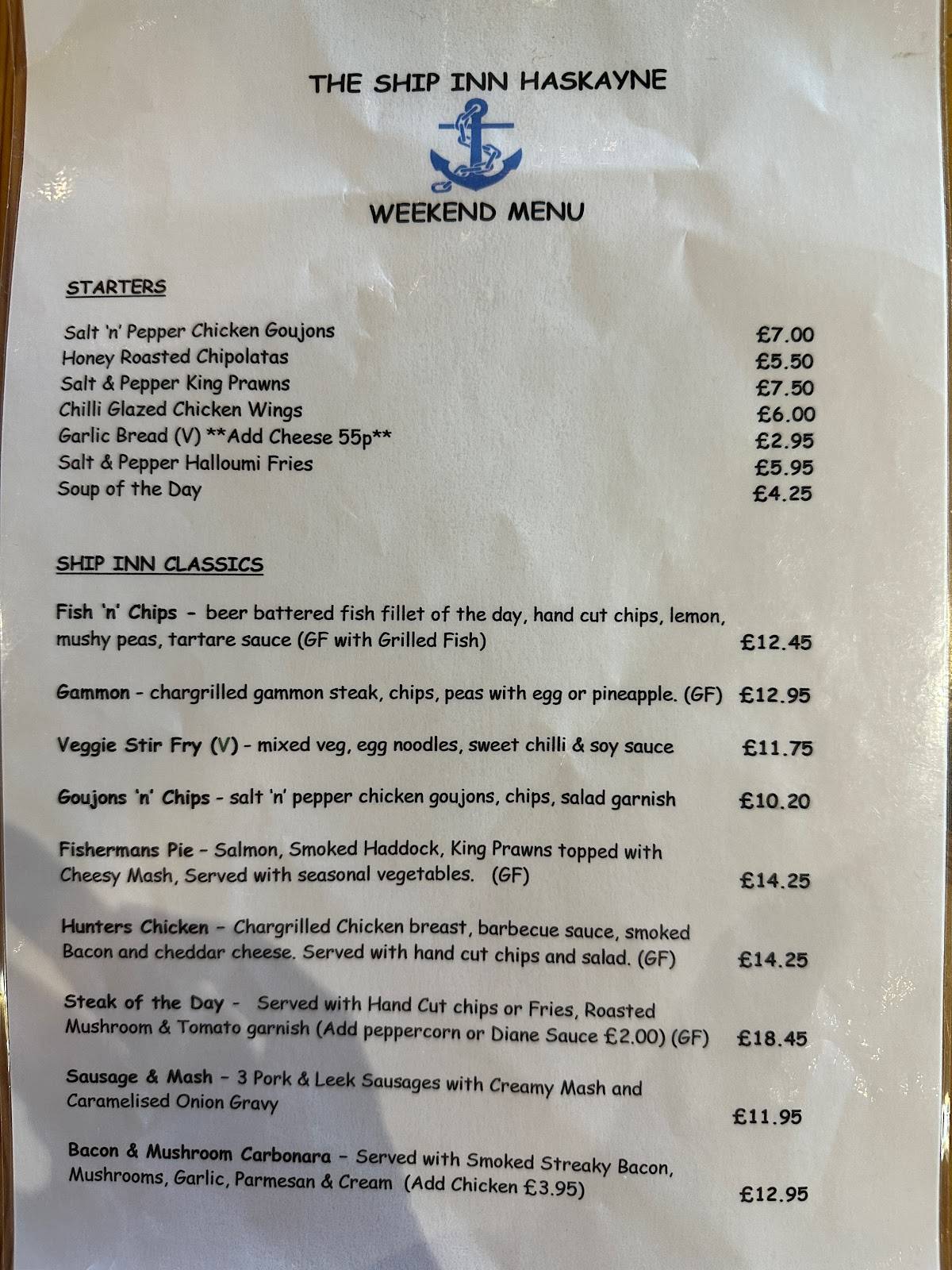 Menu at The Ship Inn pub & bar, Scarisbrick