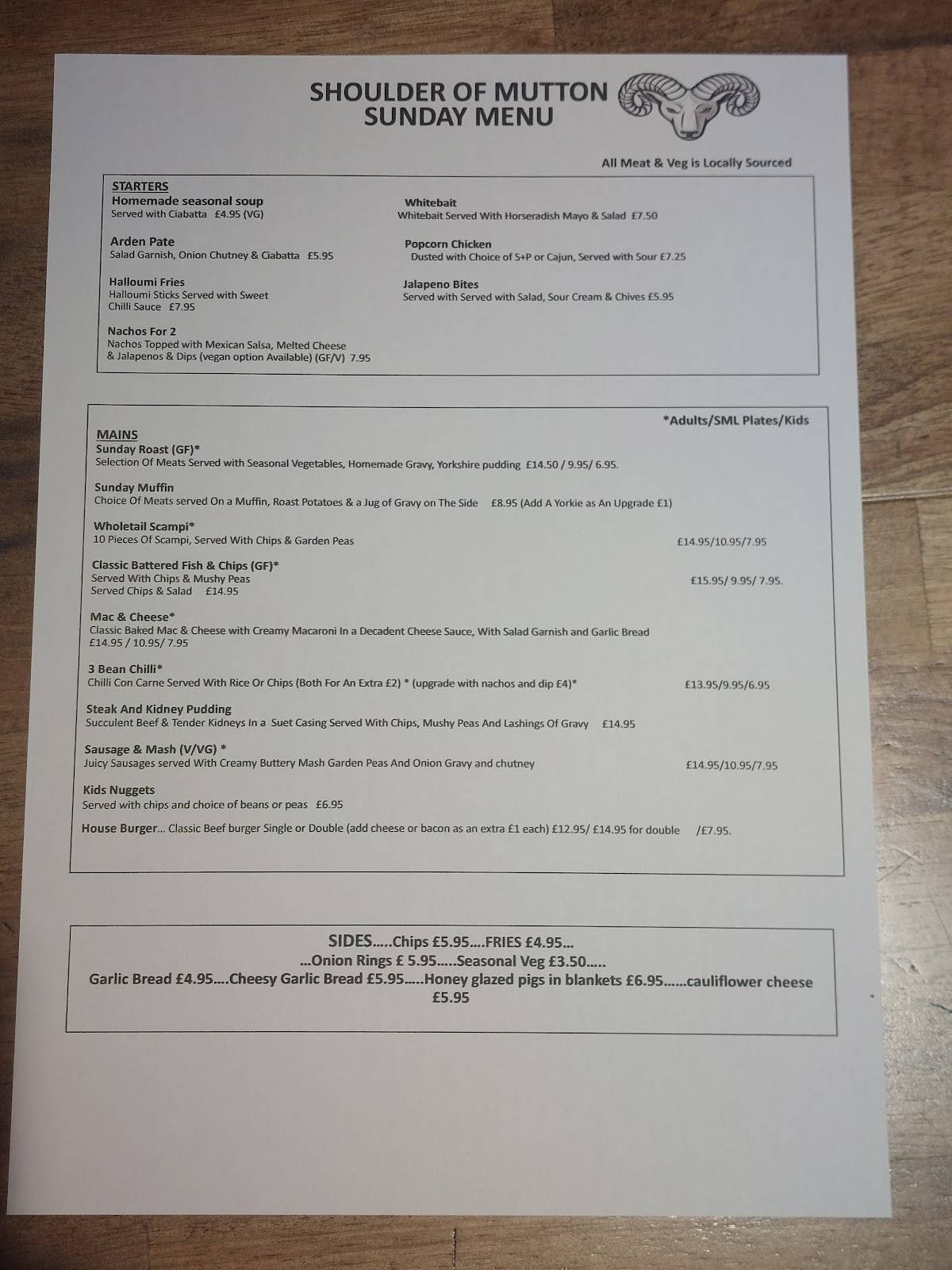 Menu at The Shoulder Of Mutton pub & bar, Chapel-en-le-Frith