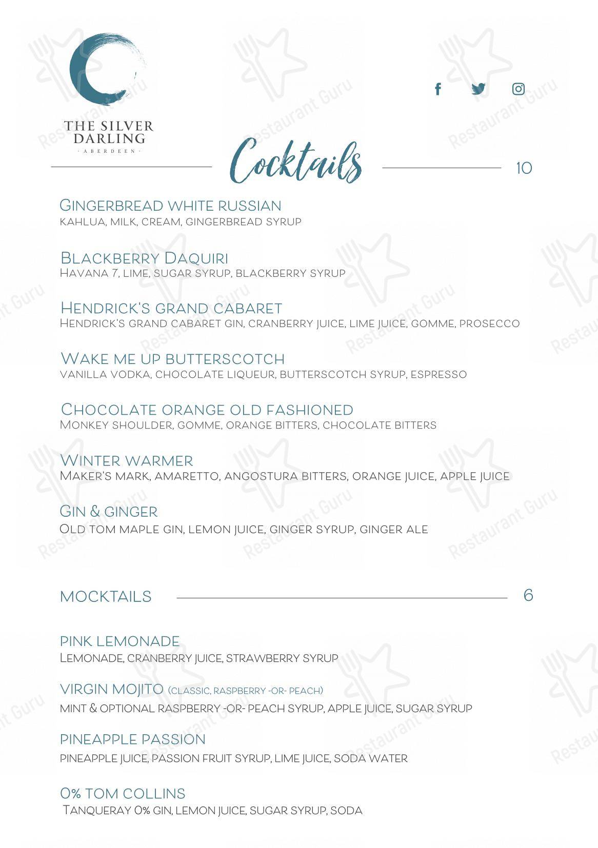 Menu at The Silver Darling restaurant, Aberdeen