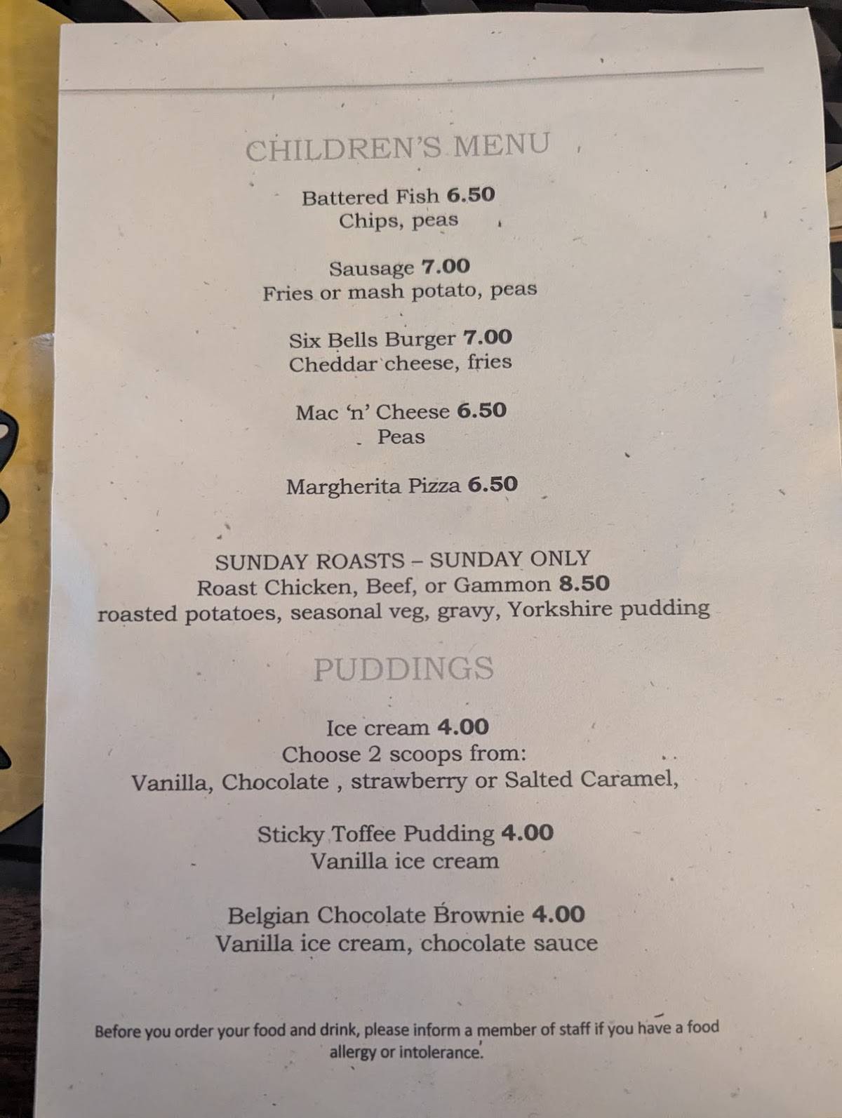 Menu at The Six Bells Newdigate pub & bar, Dorking