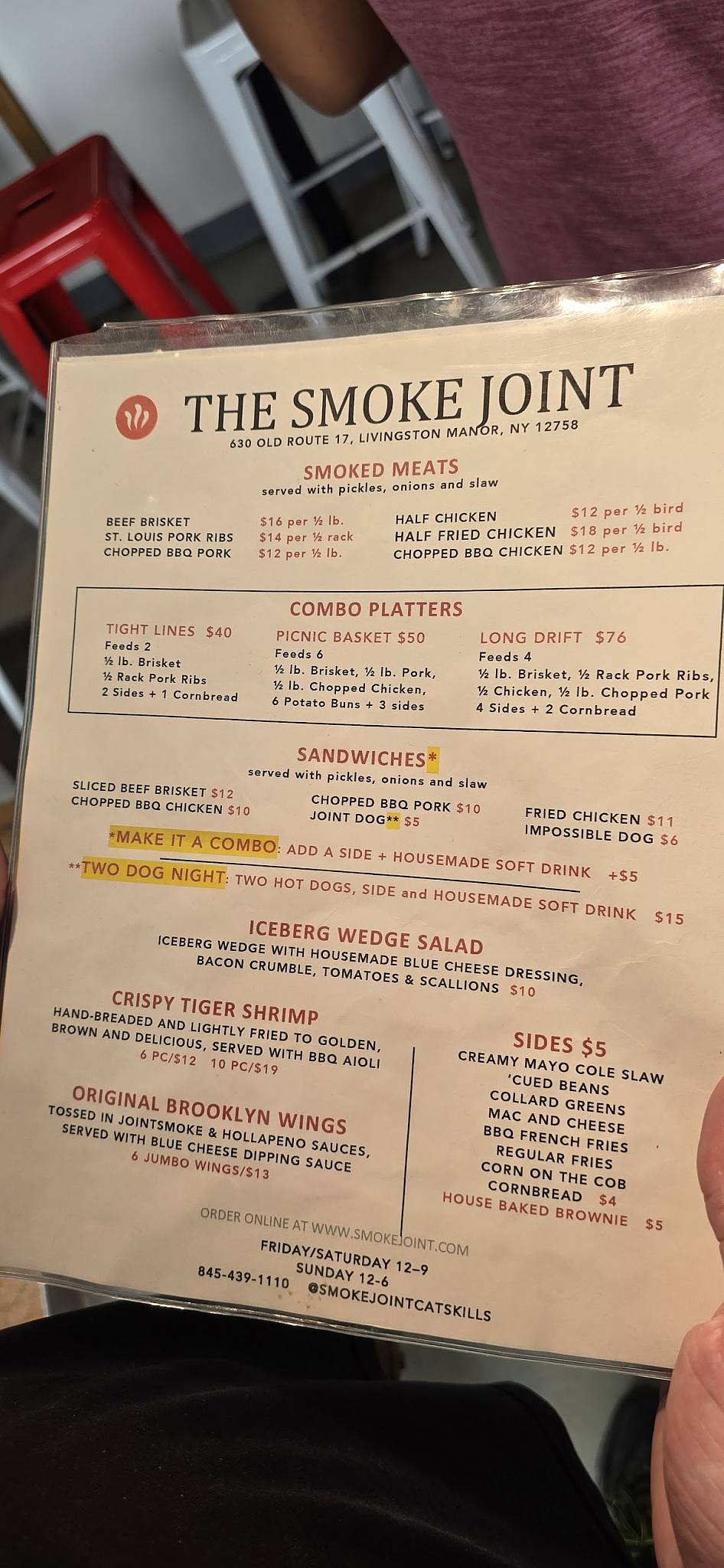 Menu at The Smoke Joint BBQ, Livingston Manor, 630 Old Rte 17