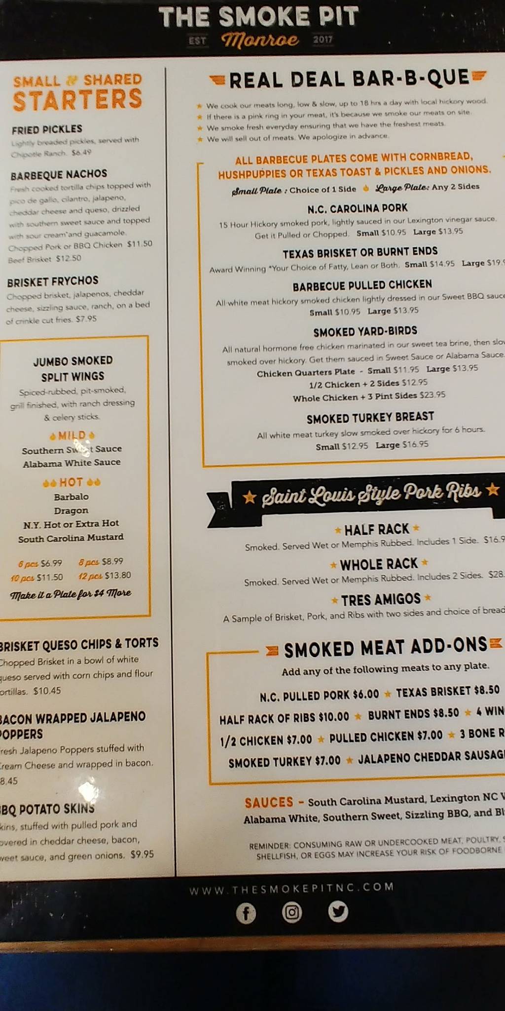 Menu at The Smoke Pit BBQ, Monroe