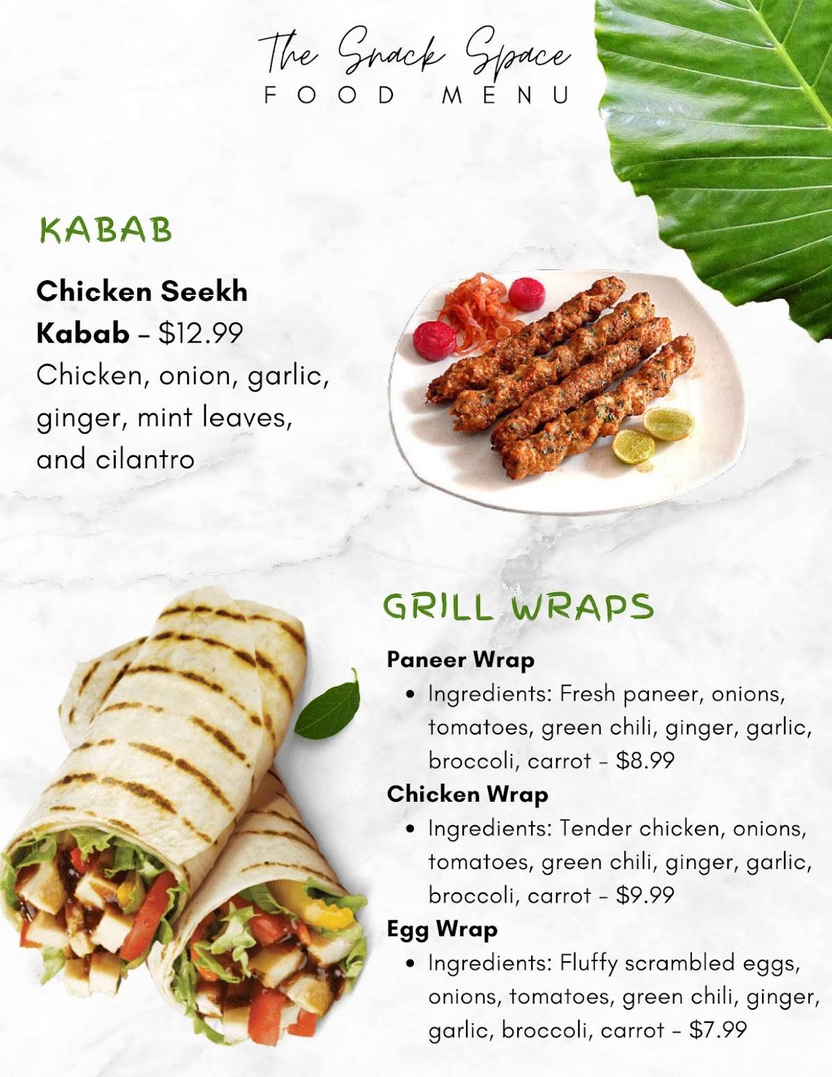 Menu at The Snack Space restaurant, Yorkton