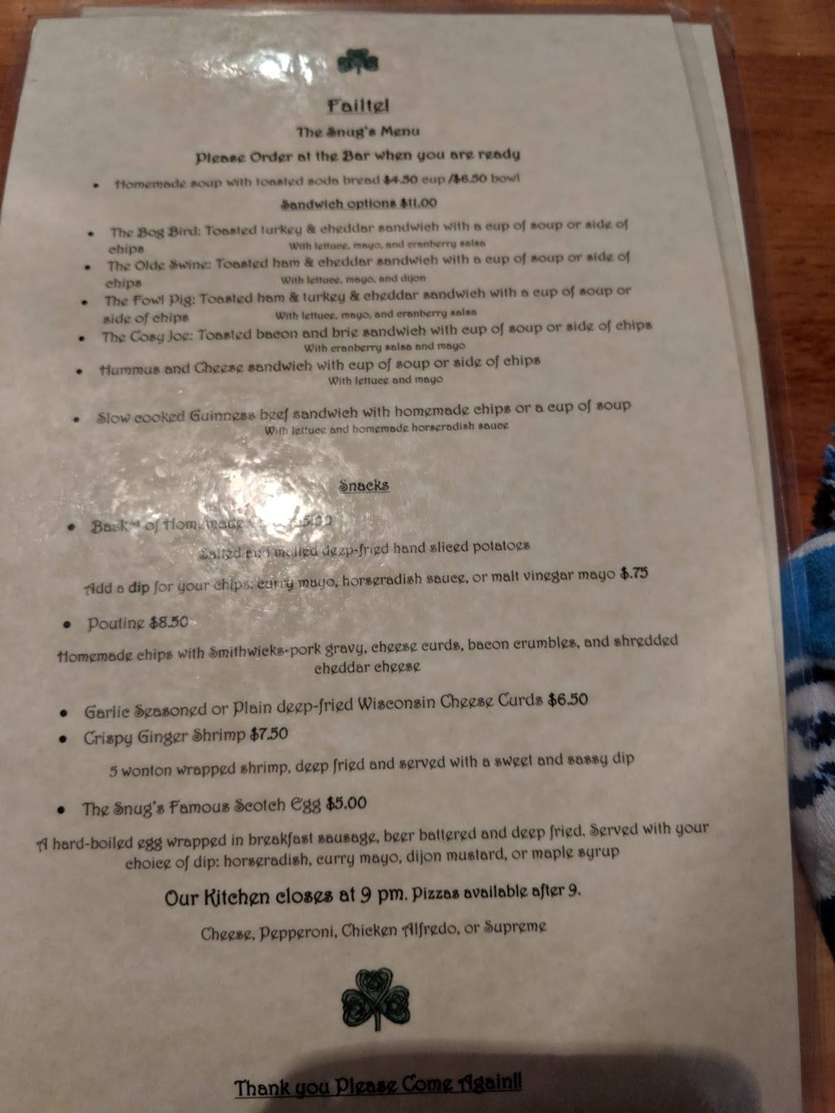 Menu at The Snug pub & bar, Washburn, 308 W Bayfield St