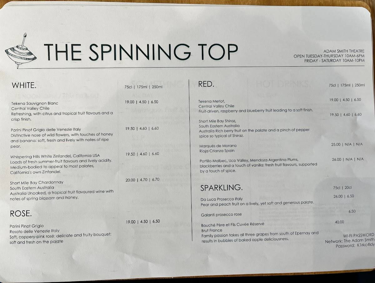 Menu at The Spinning Top cafe, Kirkcaldy