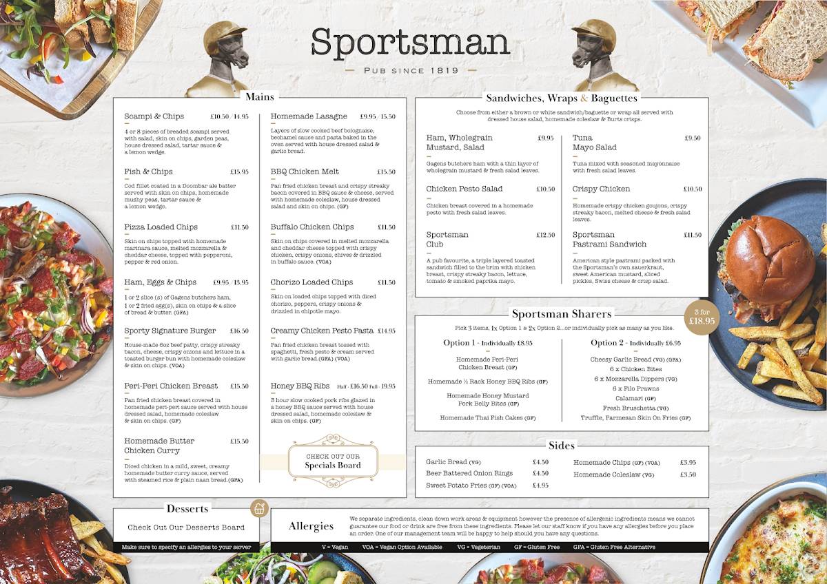 Menu at The Sportsman pub & bar, Wisbech, Main Rd