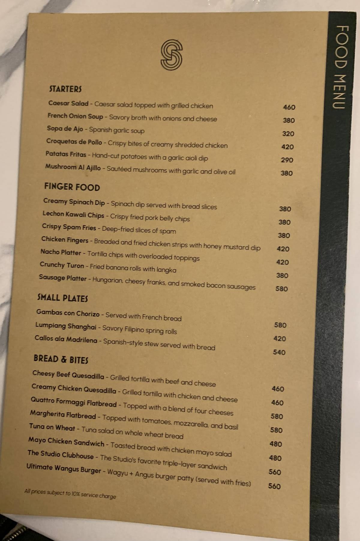 Menu at The Studio Dance Club, Makati
