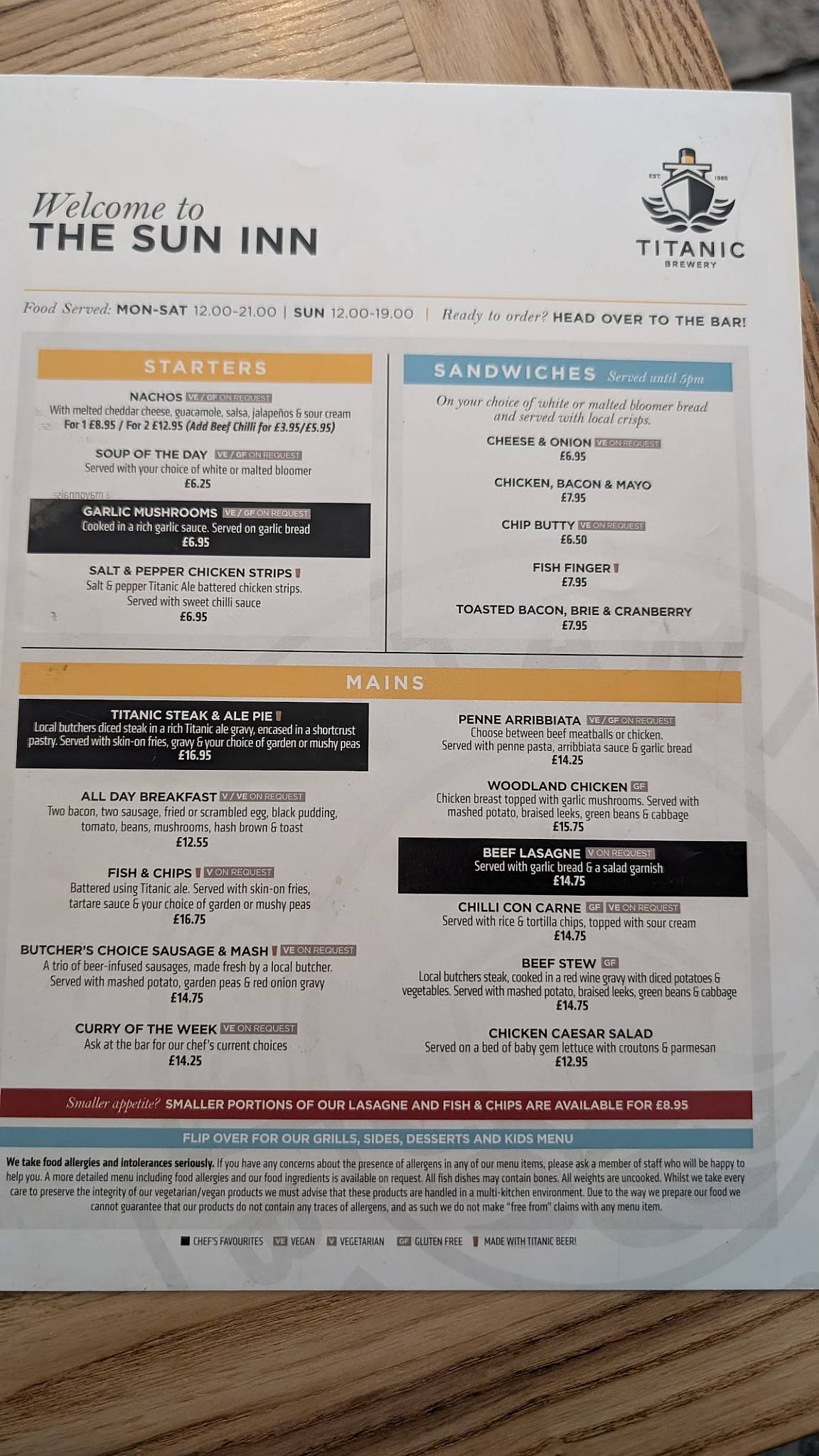Menu at The Sun Inn pub & bar, Stafford
