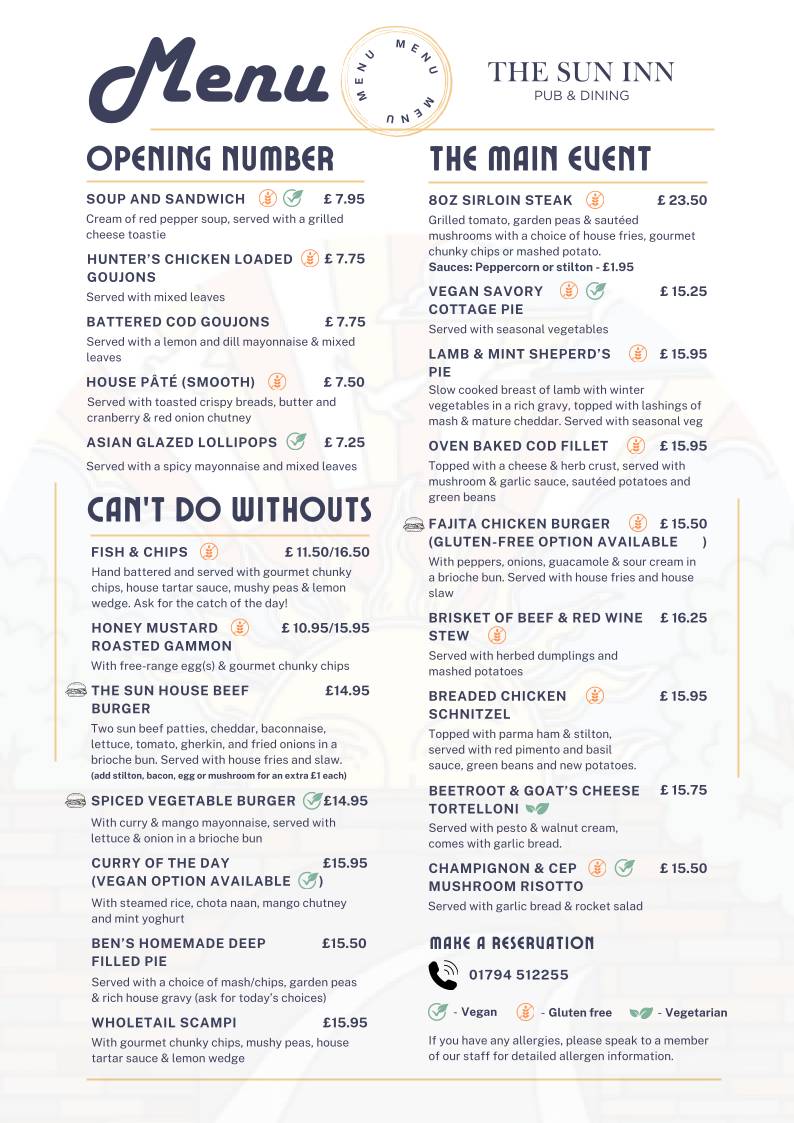 Menu at The Sun Inn pub & bar, Romsey