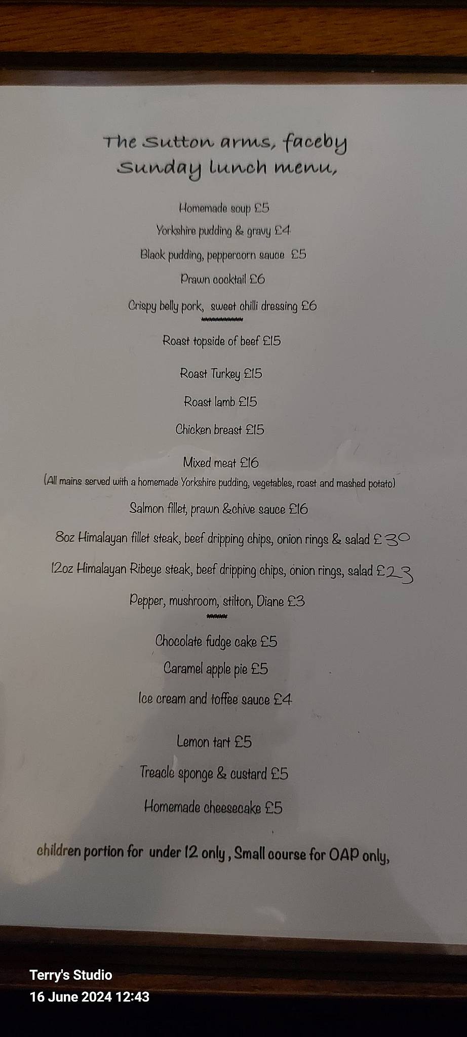 Menu at The Sutton Arms Faceby restaurant, Faceby, Mill Lane