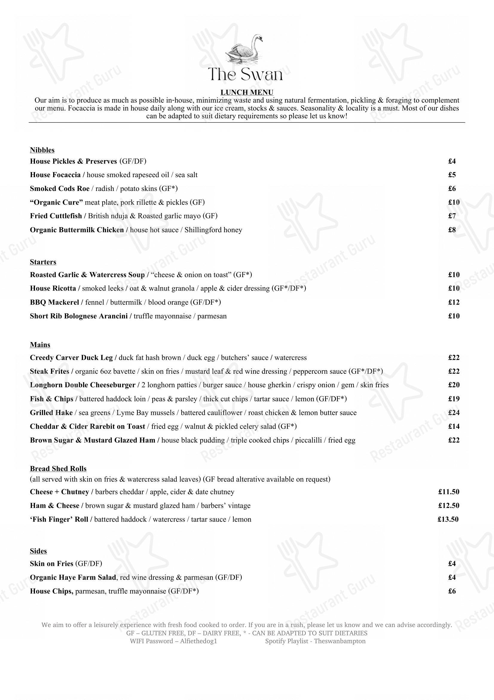 Menu at The Swan pub & bar, Bampton