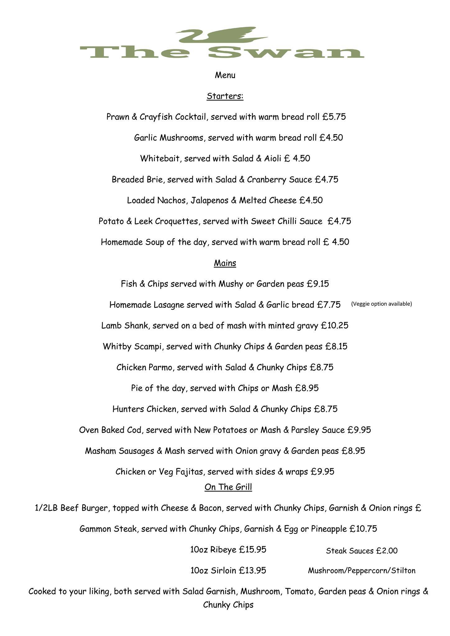 Menu at The Swan pub & bar, Topcliffe
