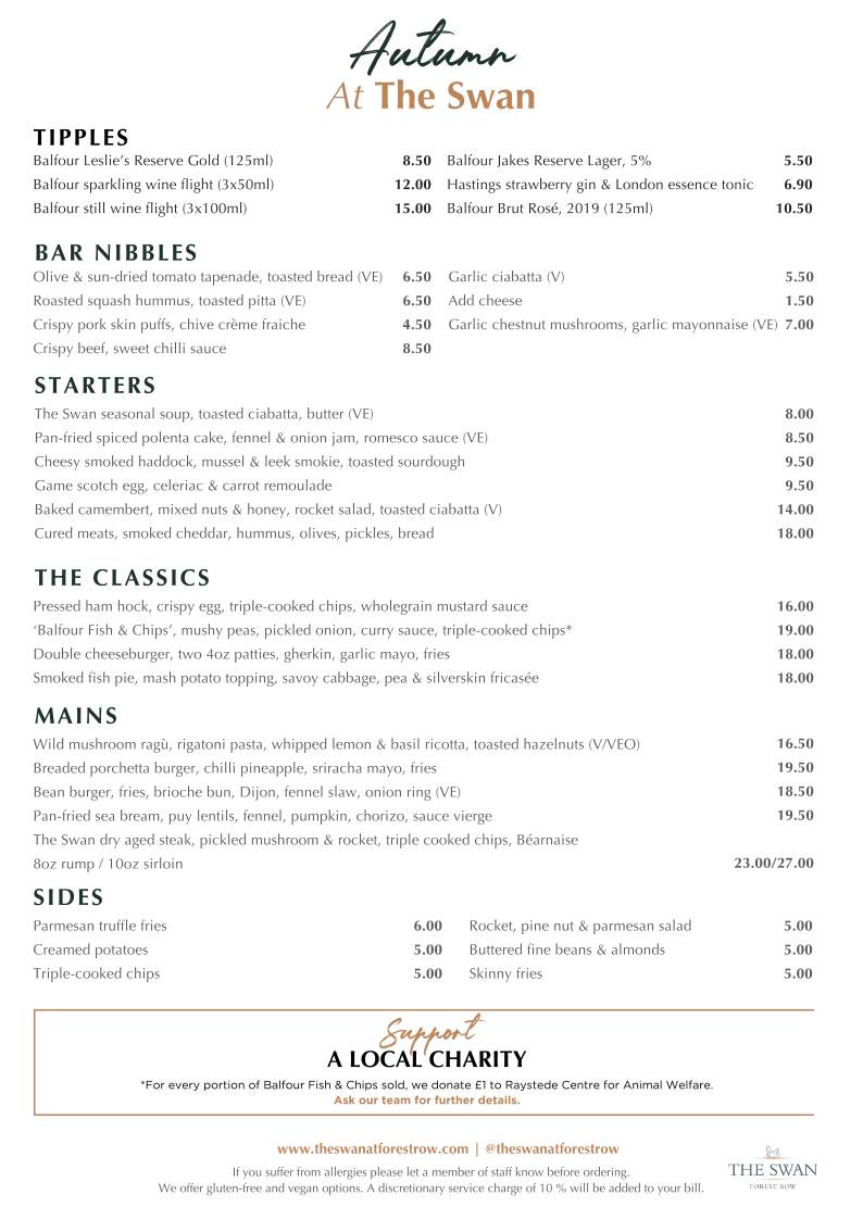 Menu at The Swan at Forest Row pub & bar, Forest Row