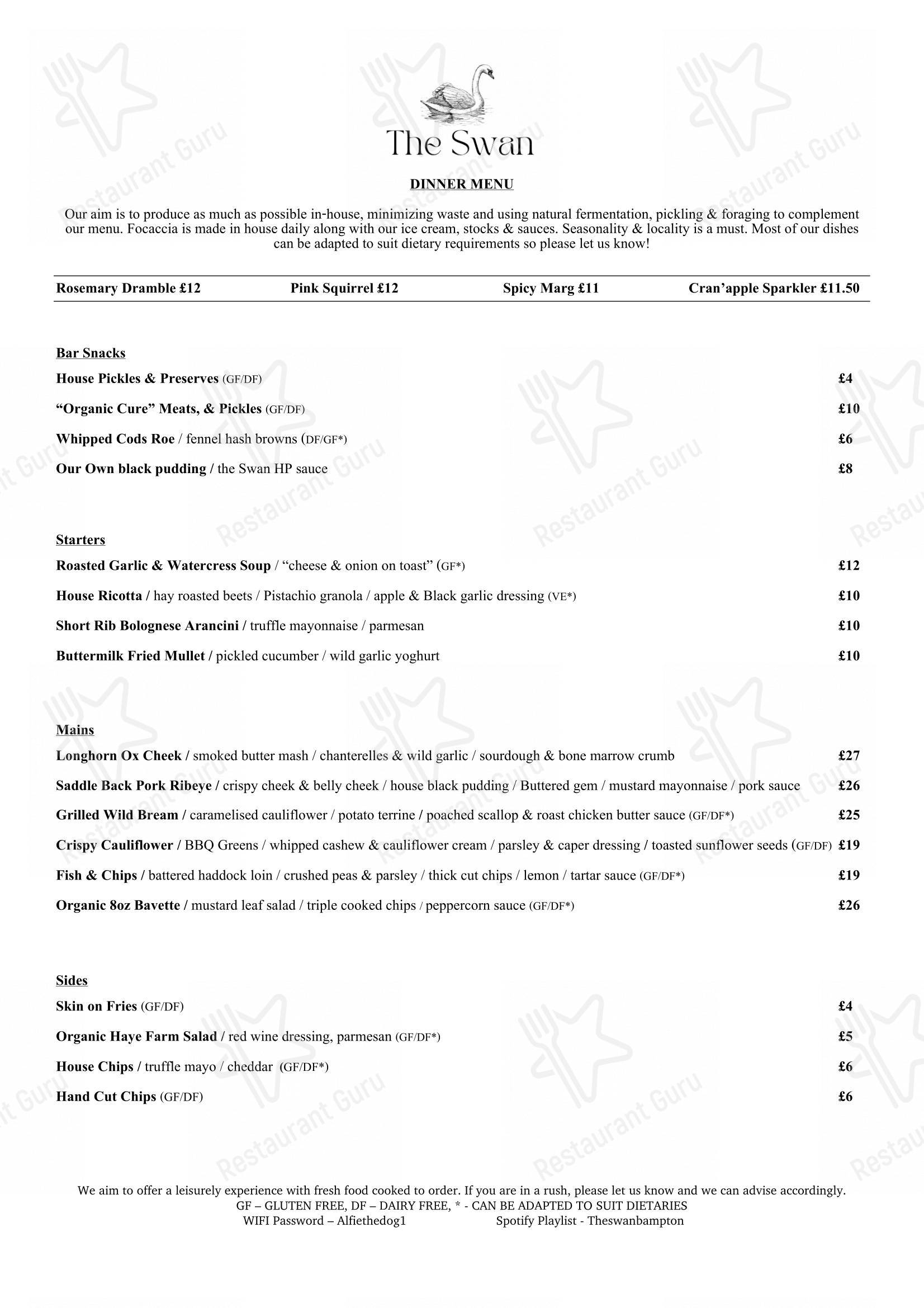 Menu at The Swan pub & bar, Bampton
