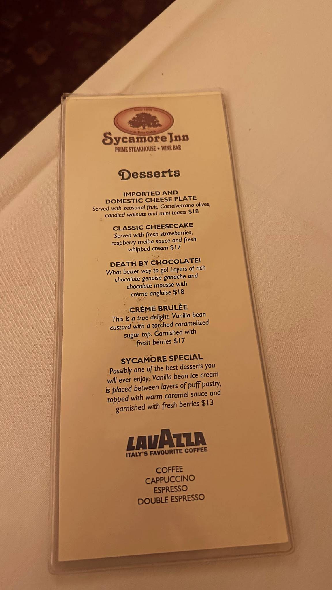 Menu at The Sycamore Inn pub & bar, Rancho Cucamonga