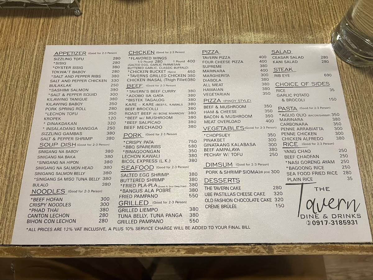 Menu at The Tavern restaurant, Taytay