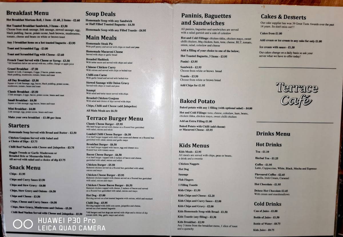 Menu at The Terrace Cafe, Wishaw, 177 Main St