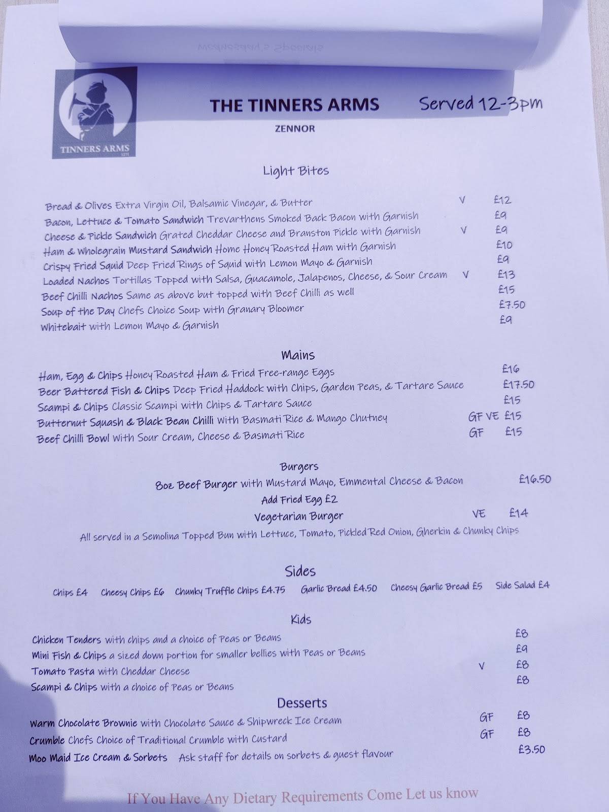 Menu at The Tinners Arms pub & bar, Zennor