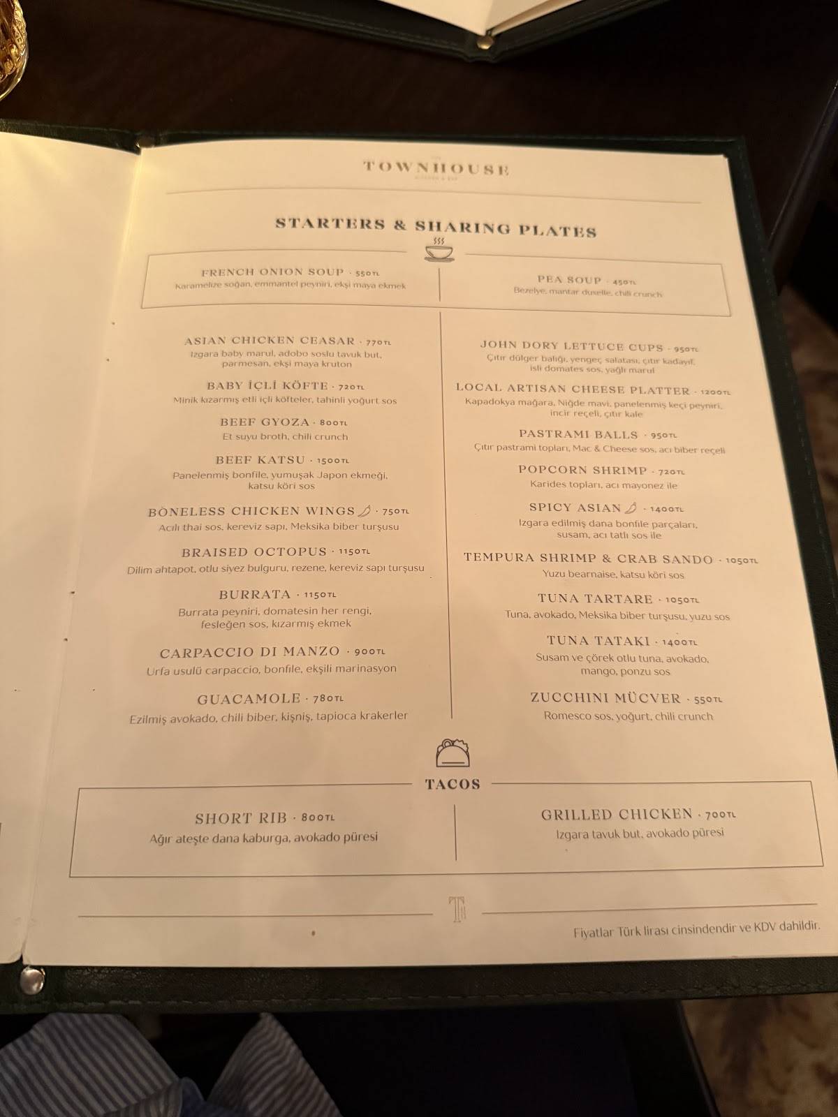 Menu at The Townhouse, Istanbul
