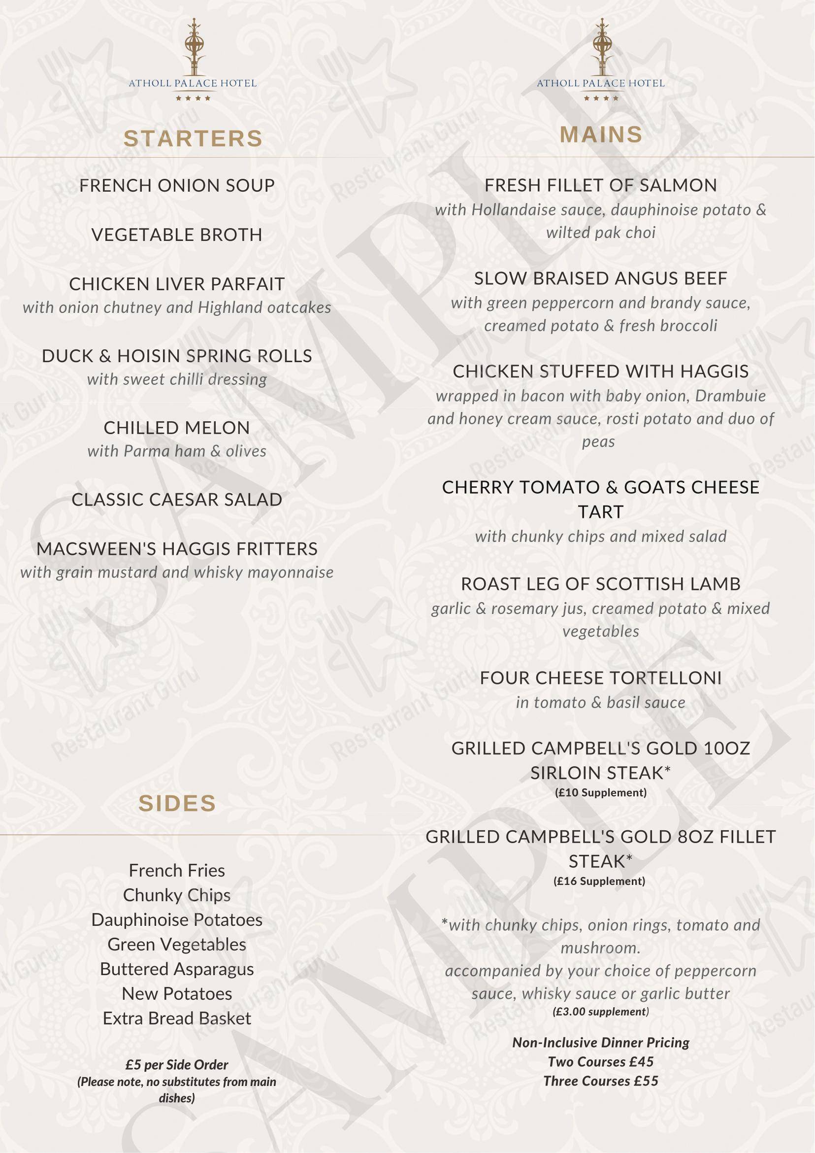 Carta de The Verandah Restaurant @ Atholl Palace Hotel, Pitlochry