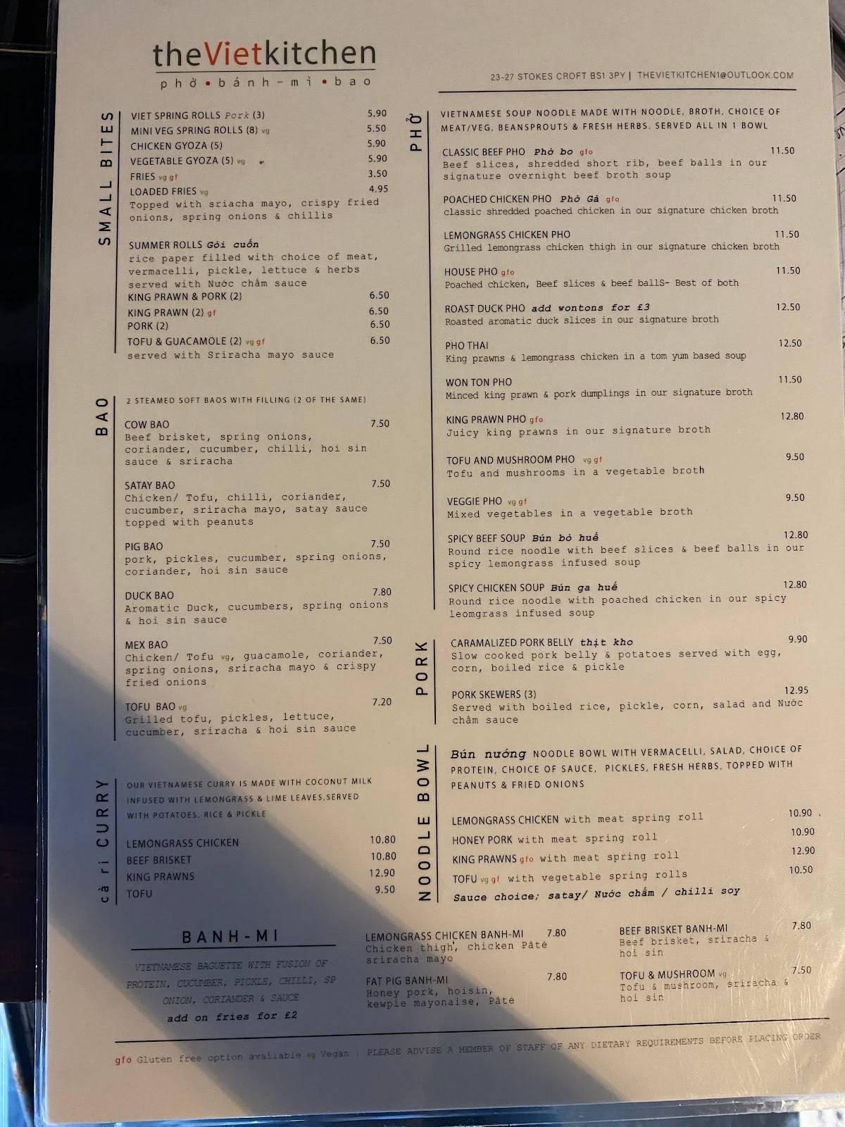 Menu at The Viet Kitchen restaurant, Bristol