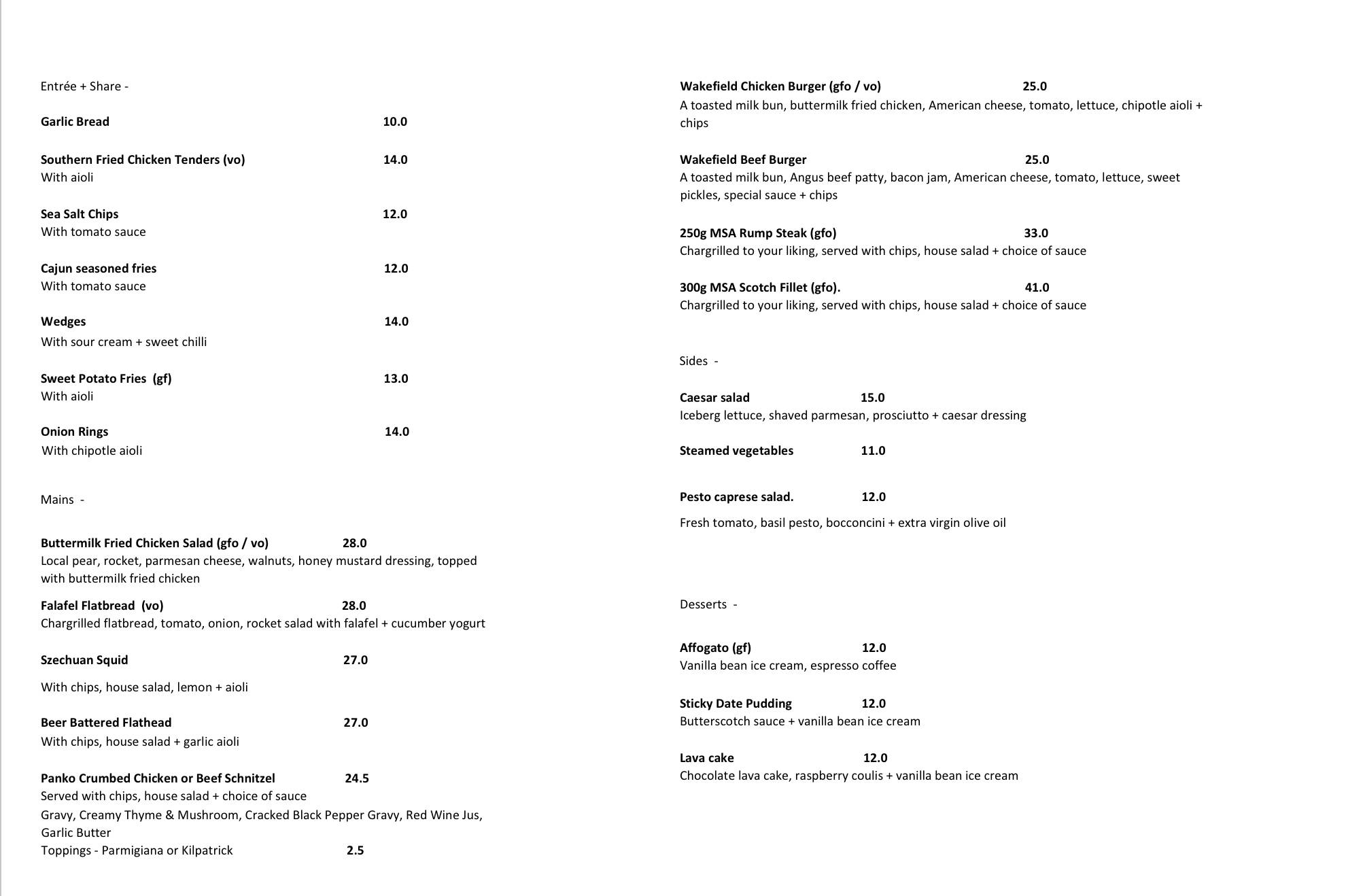 Menu at The Wakefield Hotel restaurant, Adelaide