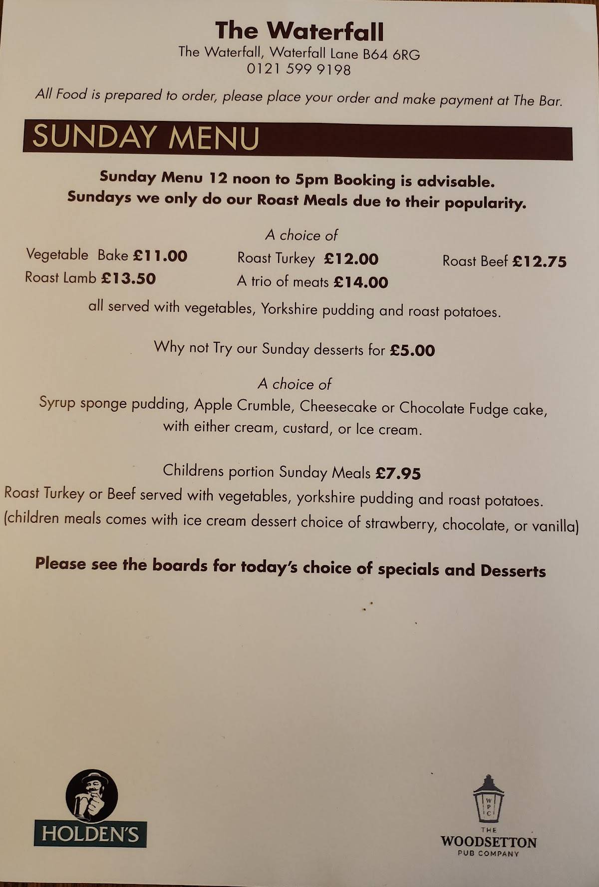 Menu at The Waterfall Pub, Cradley Heath