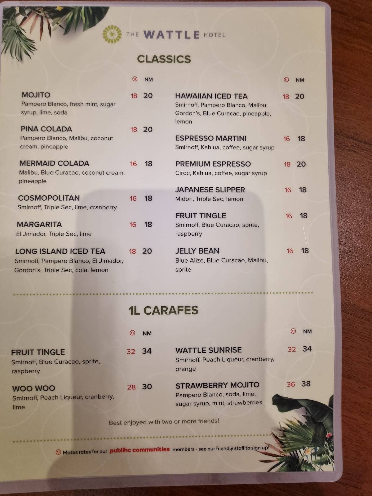 Menu at The Wattle Hotel restaurant, Upper Coomera