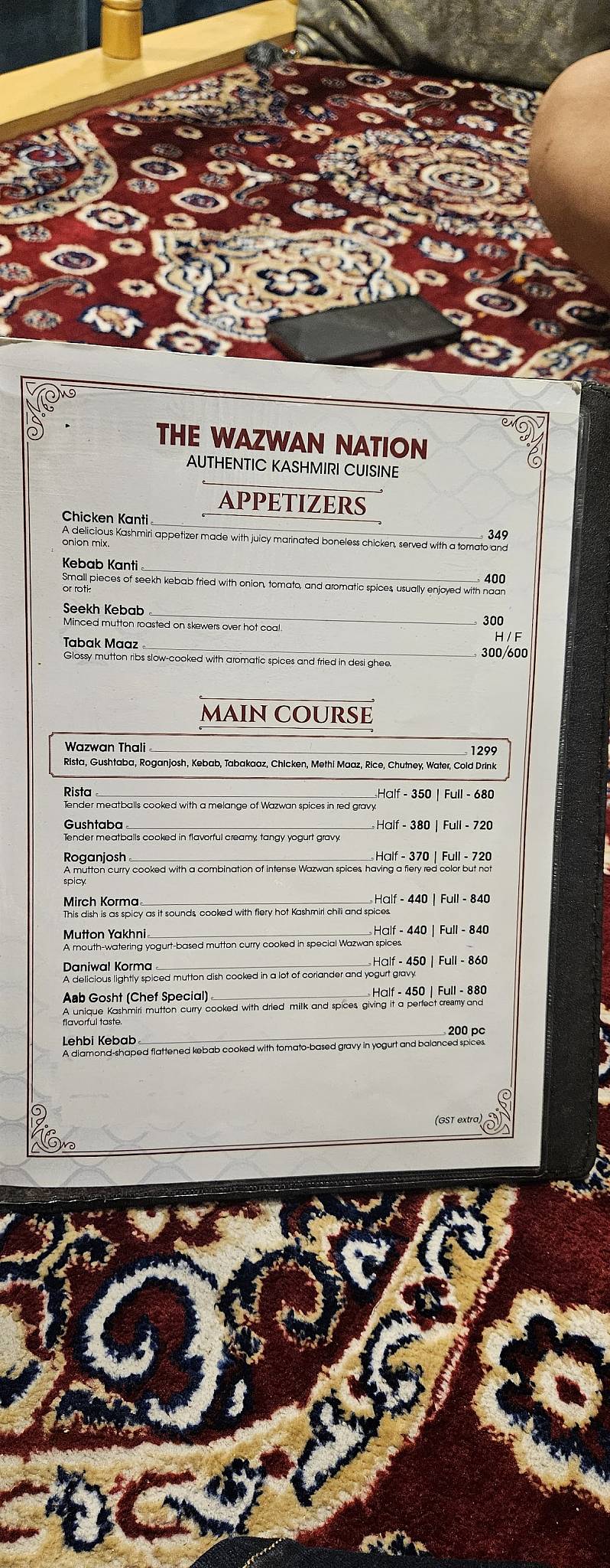 Menu at The Wazwan Nation, New Delhi