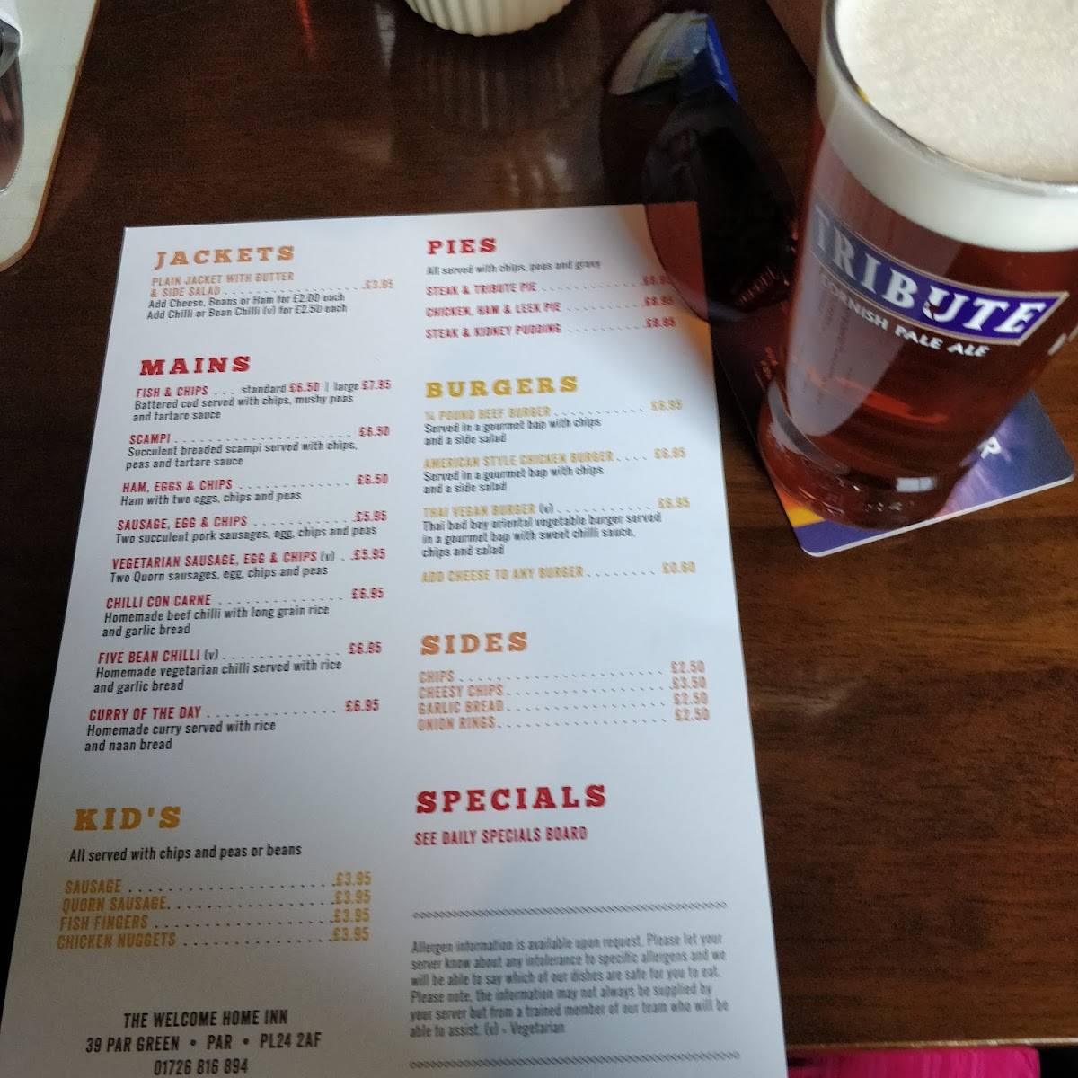 Menu at The Welcome Home Inn pub & bar, Par