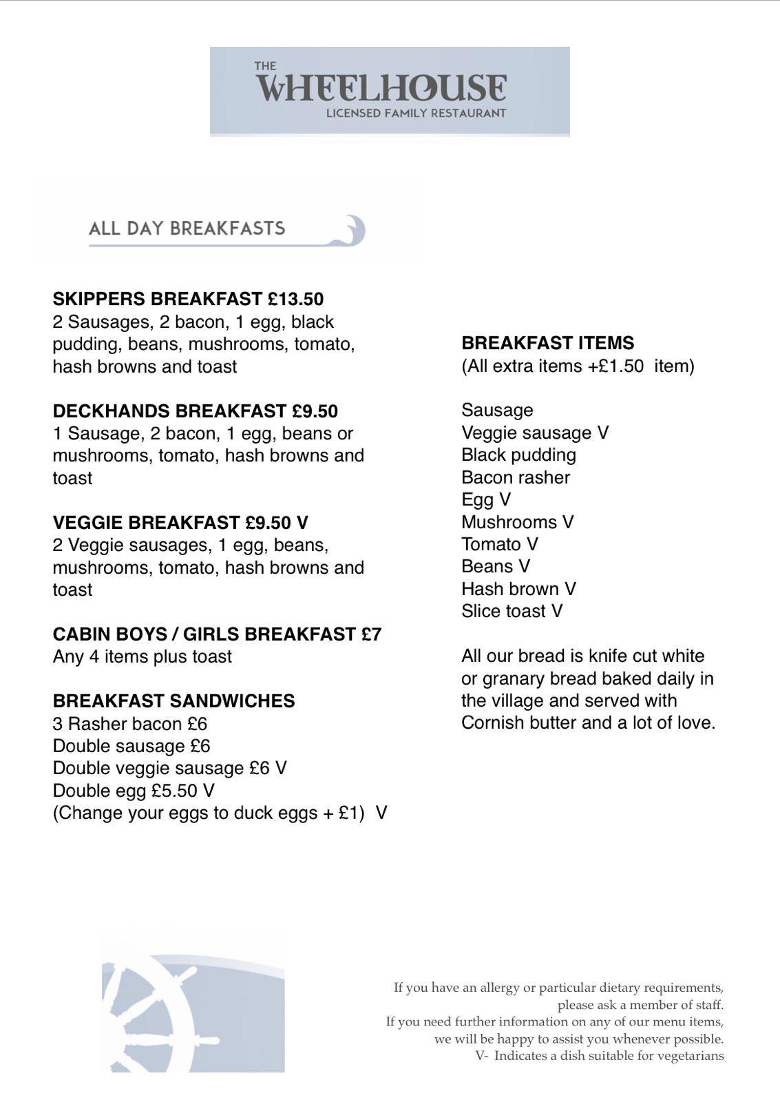 Menu at The Wheelhouse Family Restaurant, Polperro
