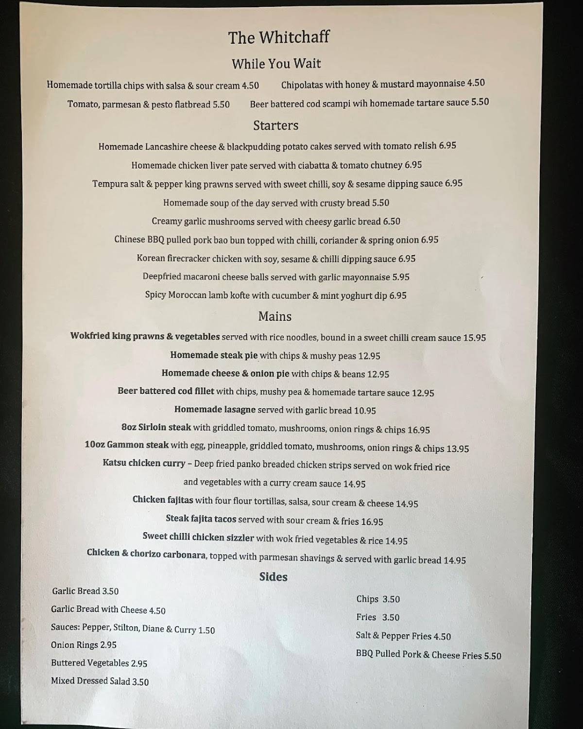 Menu at The Whitchaff Inn pub & bar, Rawtenstall