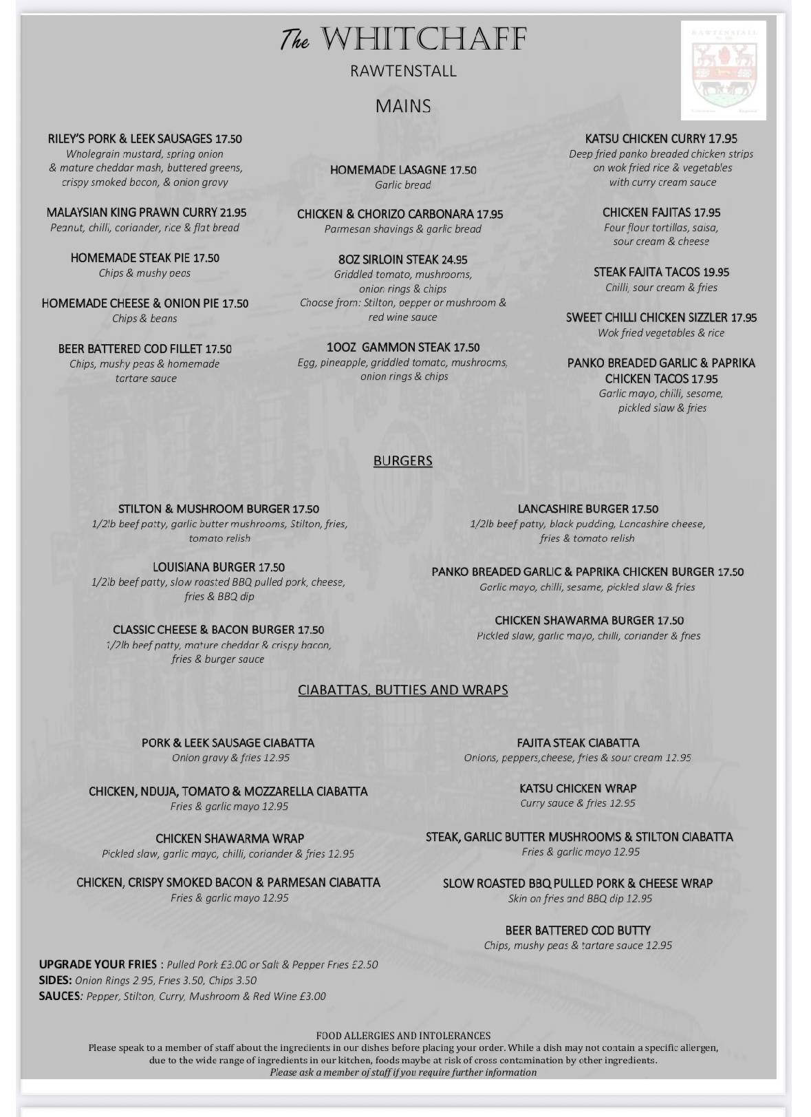 Menu at The Whitchaff Inn pub & bar, Rawtenstall