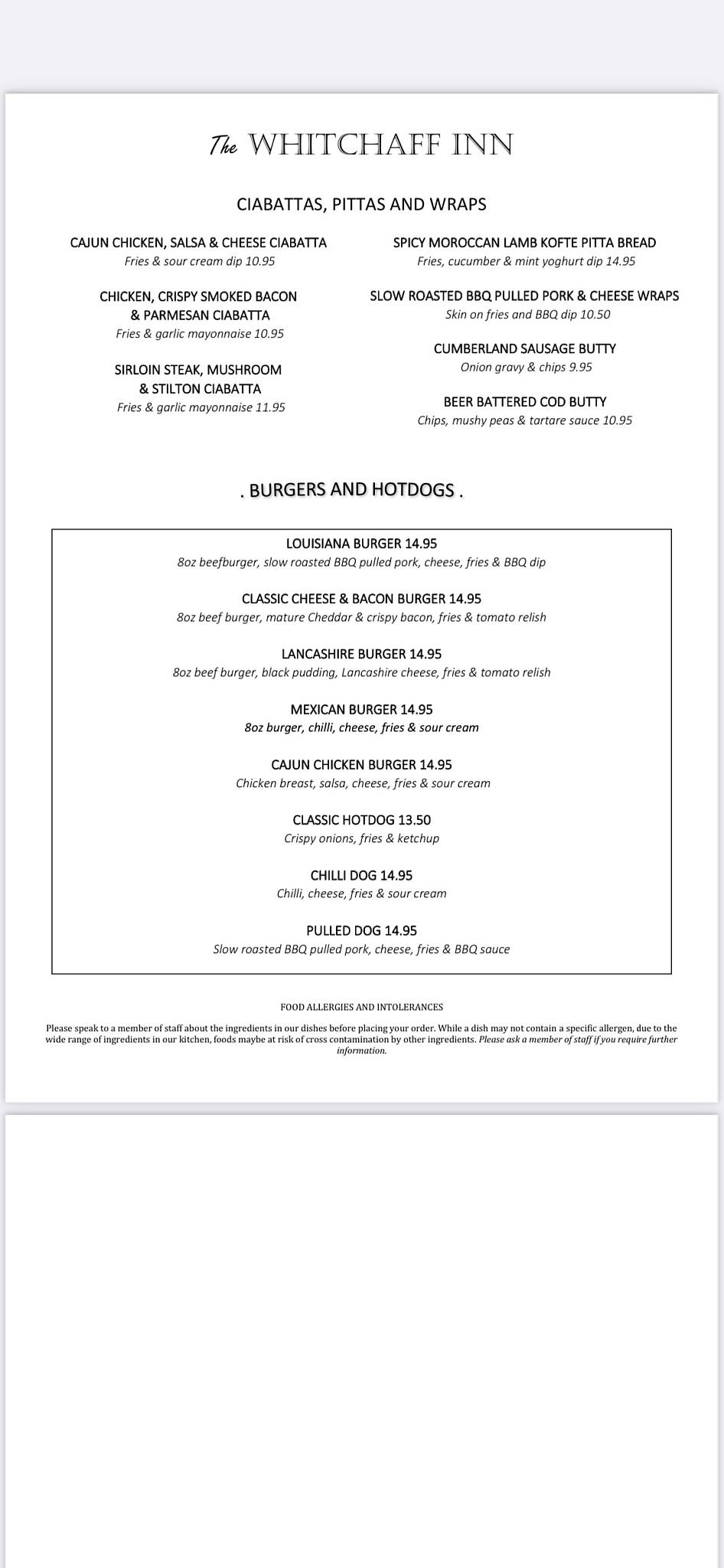 Menu at The Whitchaff Inn pub & bar, Rawtenstall