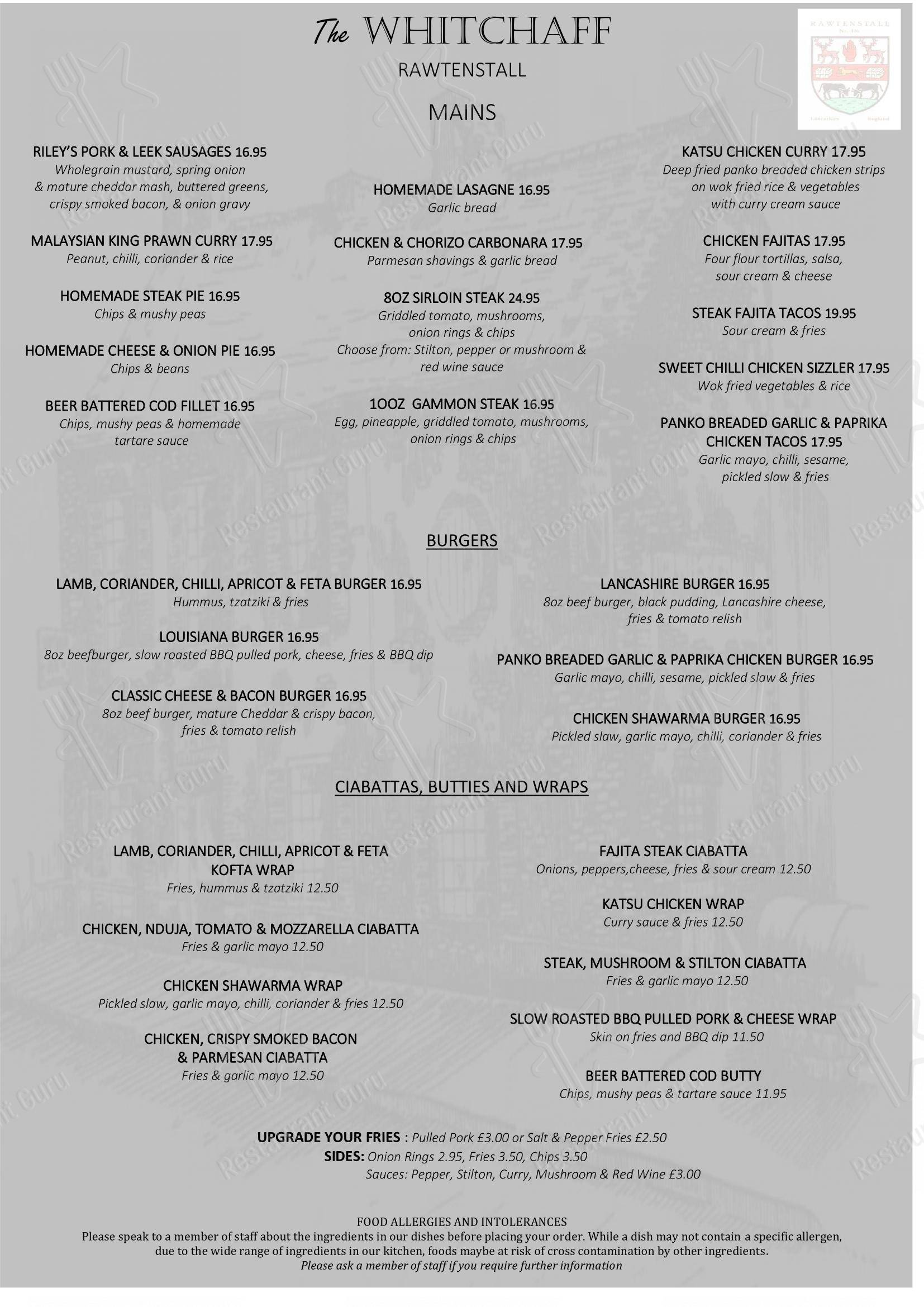 Menu at The Whitchaff Inn pub & bar, Rawtenstall