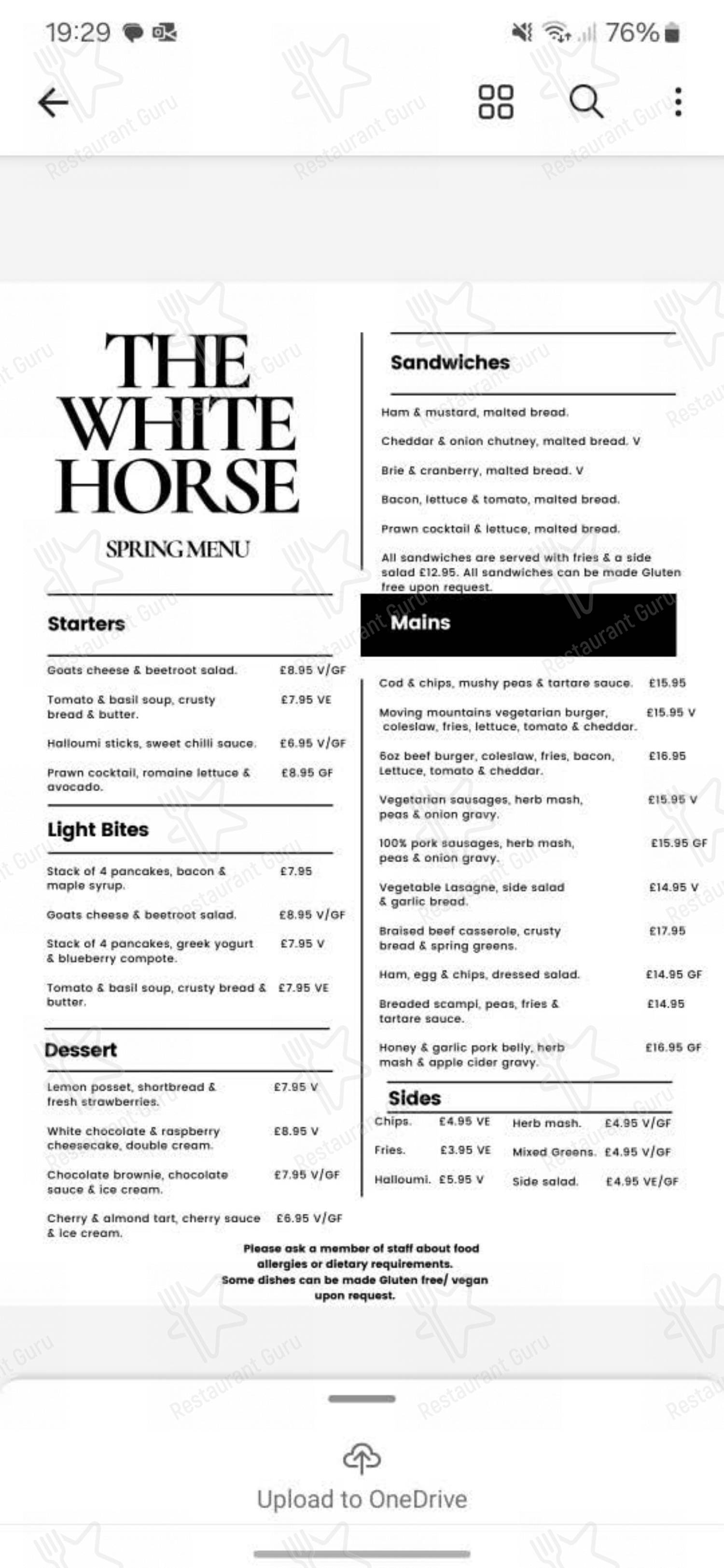 Menu at The White Horse pub & bar, Salisbury, Lower Rd